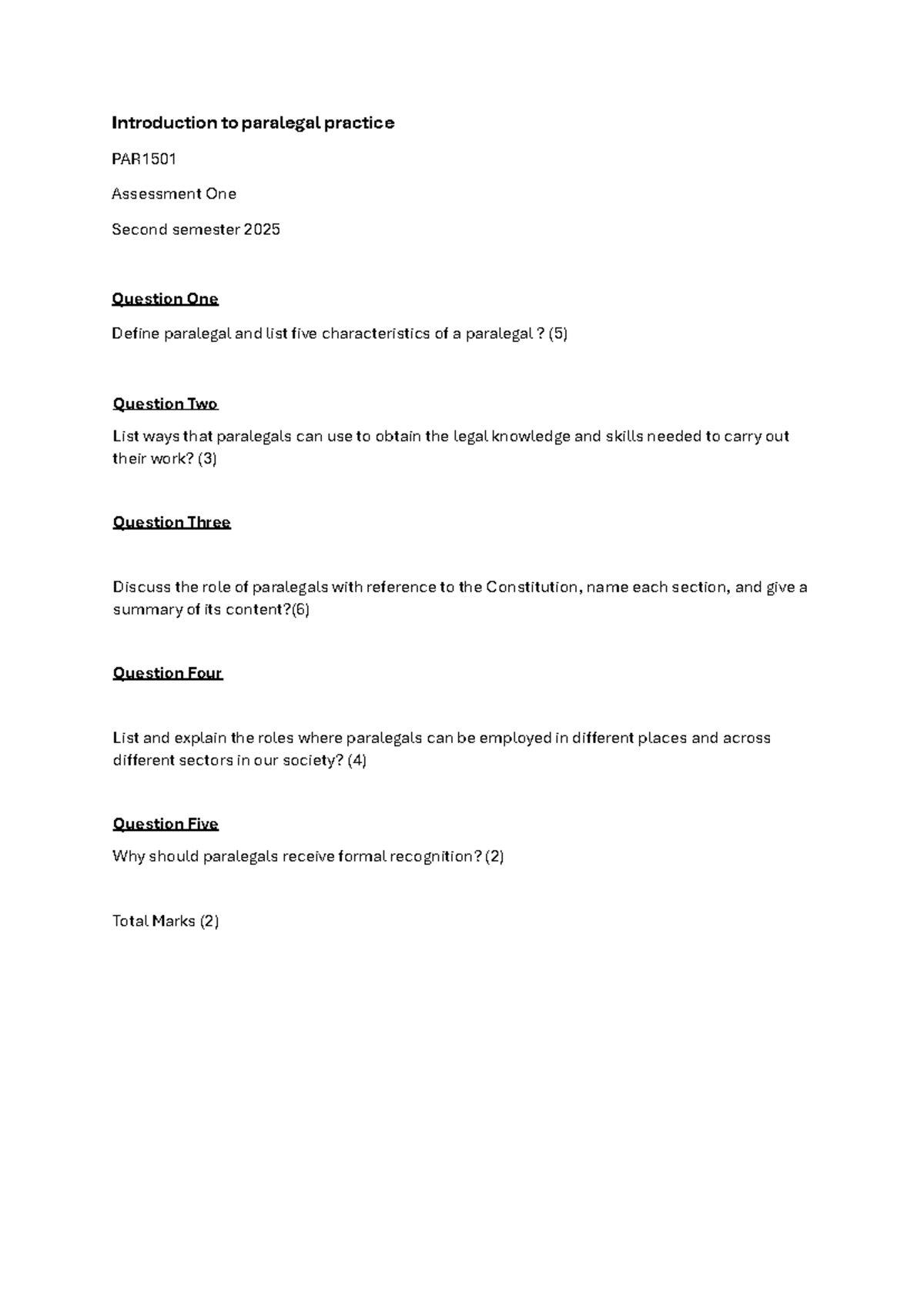 PAR1501 Assessment One: Understanding Paralegal Roles and Skills - Studocu