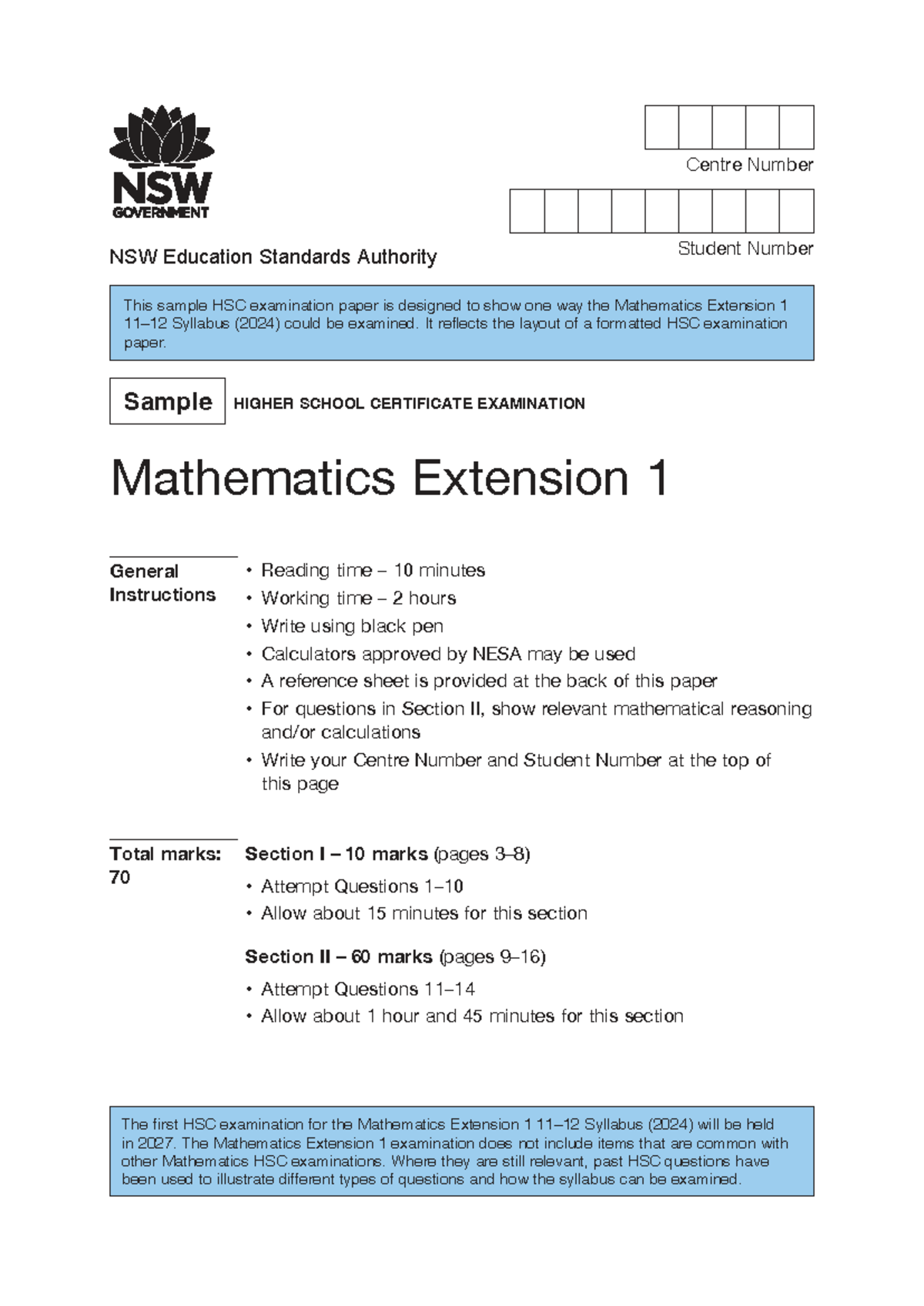 Mathematics Extension 1 HSC Sample Exam Materials 2024 - Studocu