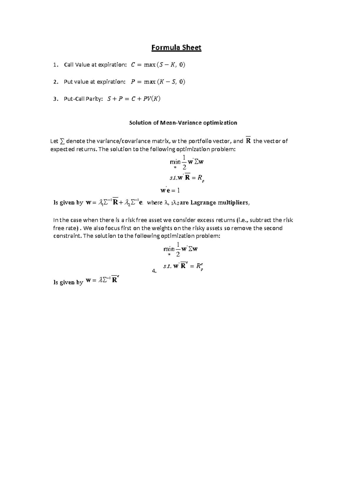 Formula Sheet 333: Call & Put Values, Optimization Solutions - Studocu