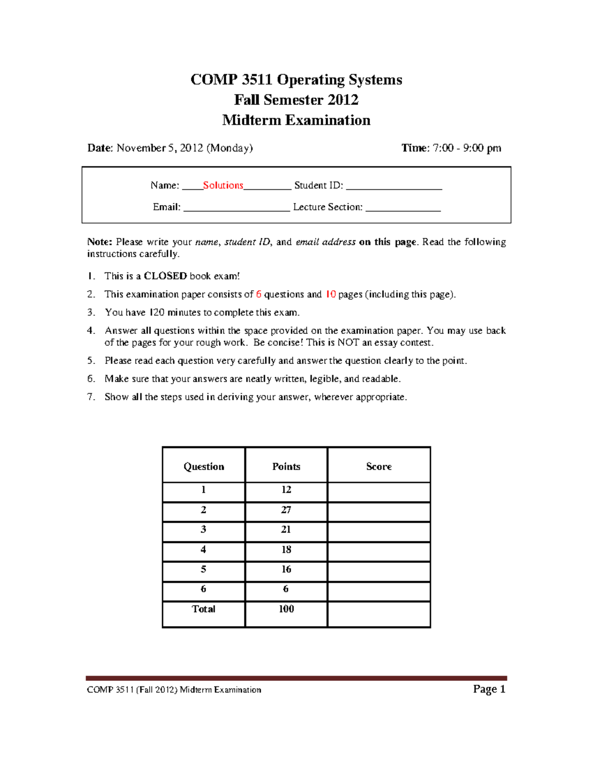 COMP 3511 Fall 2012 Midterm Exam: Operating Systems Overview - Studocu