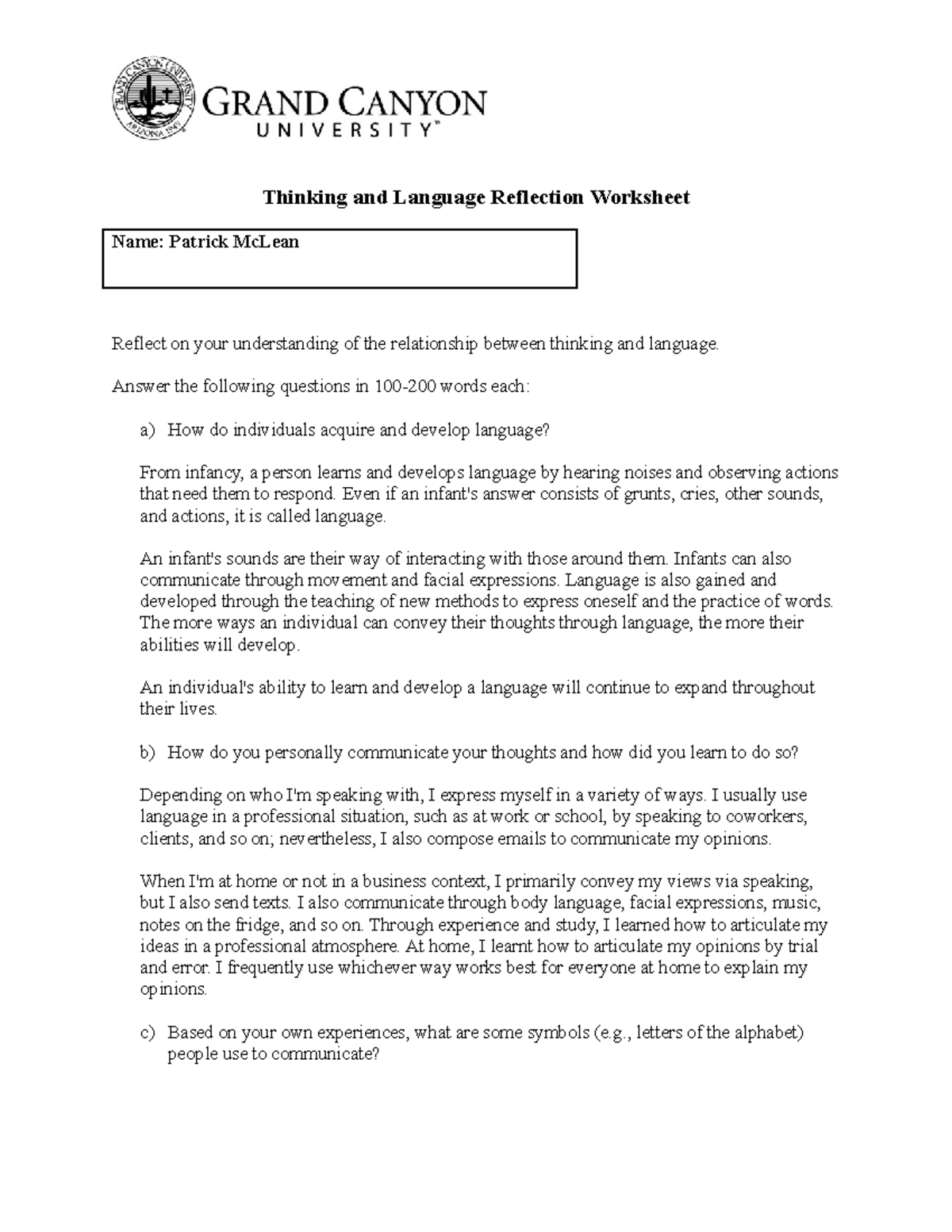PHI-105 T5 Thinking and Language Reflection Worksheet - Thinking and ...