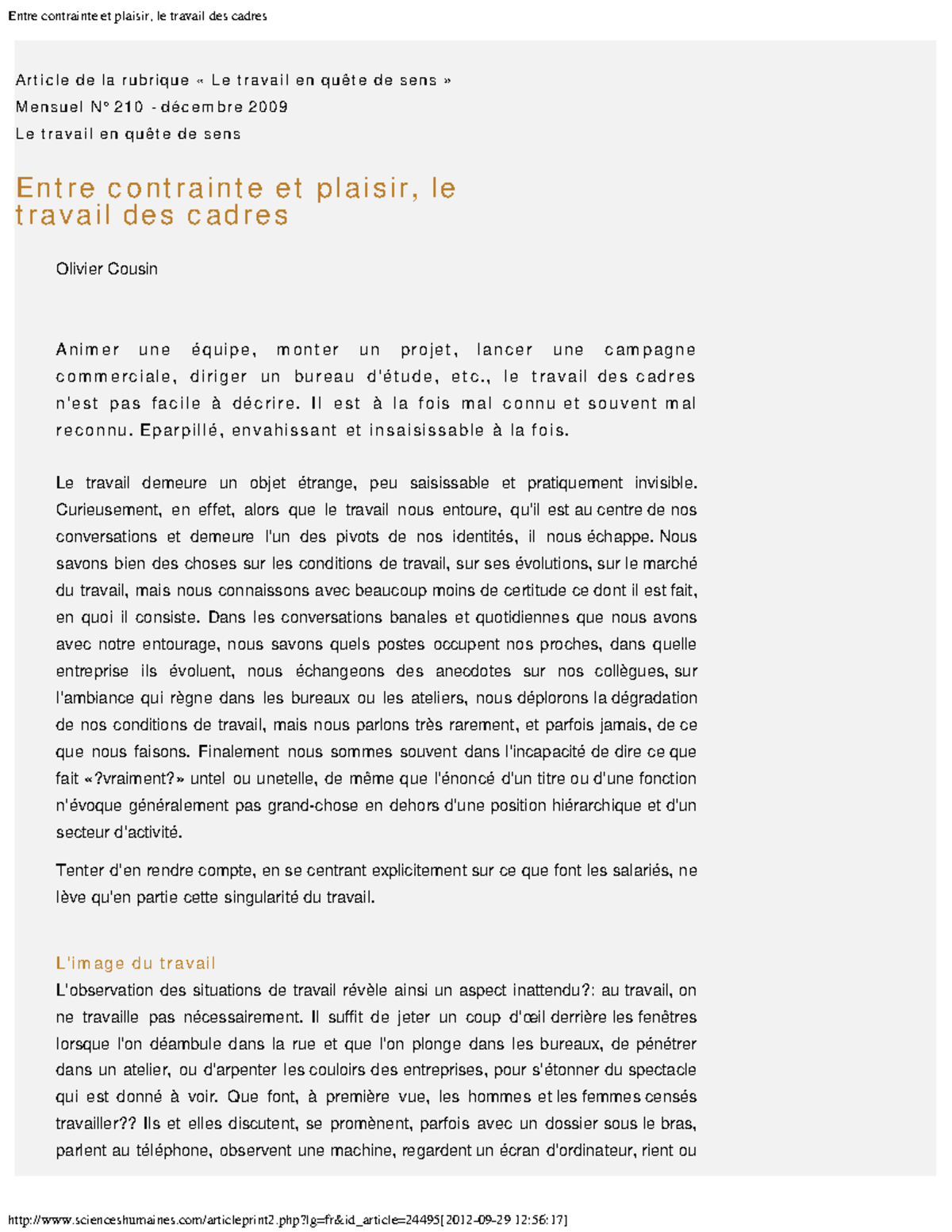 Entre Contrainte et Plaisir : Le Travail des Cadres - Analyse 210 - Studocu