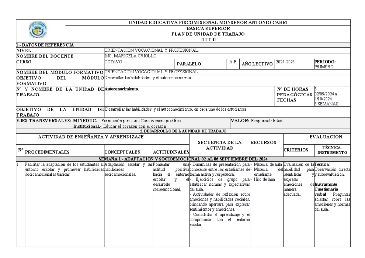 Plan de Unidad de Trabajo UTT 0: Orientación Vocacional 8vo A-B 2024 ...