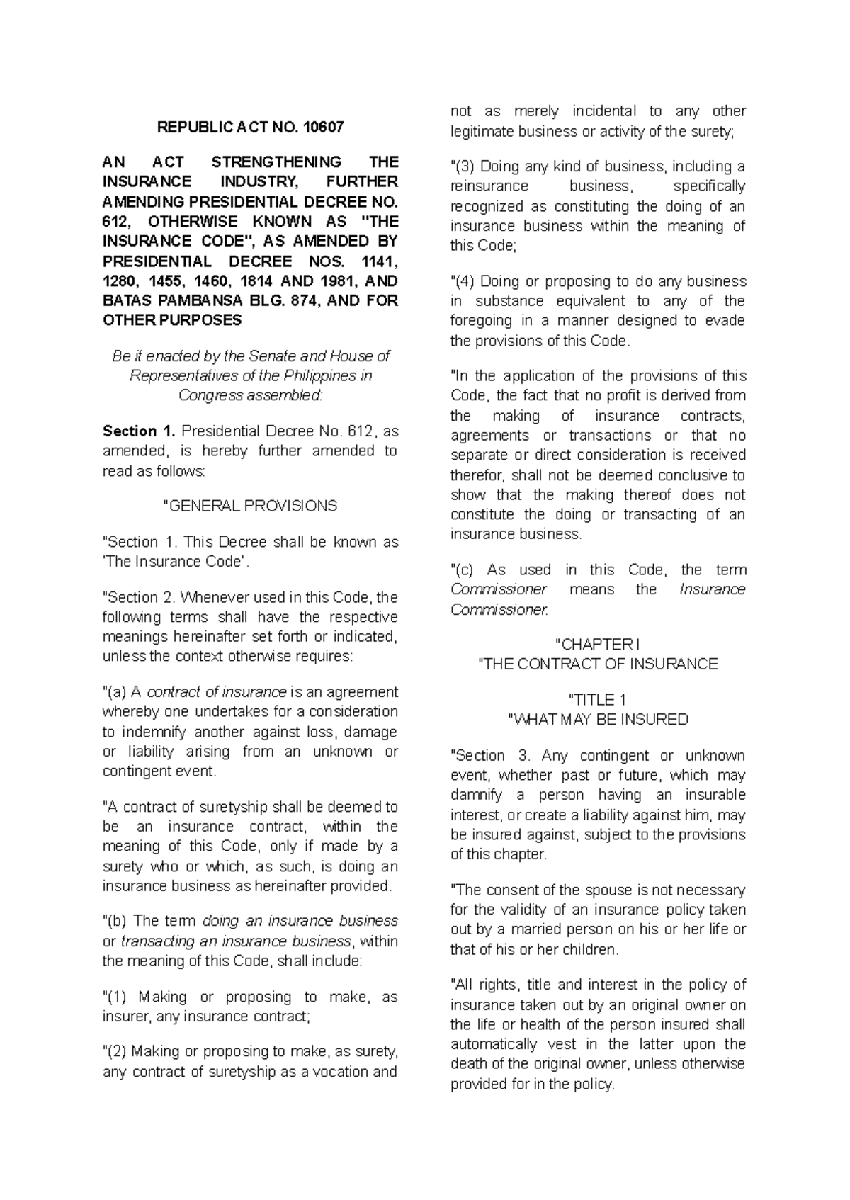 Republic Act No. 10607: Strengthening the Insurance Industry - Studocu
