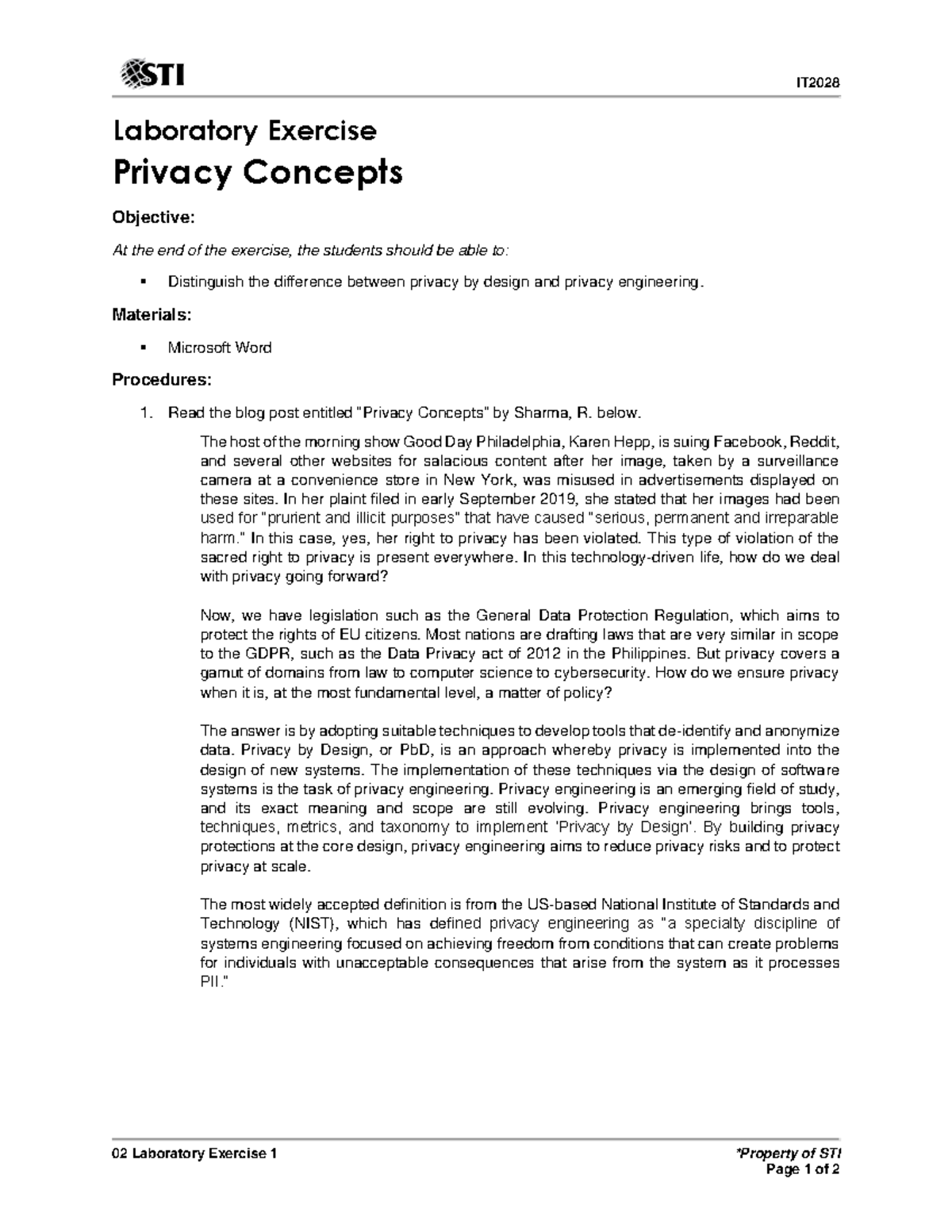 IT2028 Lab Exercise: Understanding Privacy Design vs. Engineering - Studocu