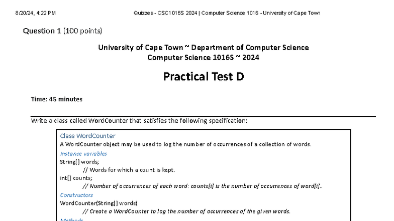 Practical Test CSC1016S 2024: WordCounter Class Implementation - Studocu