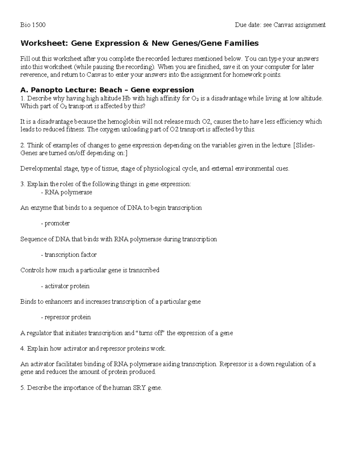 Bio 1500 Worksheet: Gene Expression & New Genes Insights - Studocu