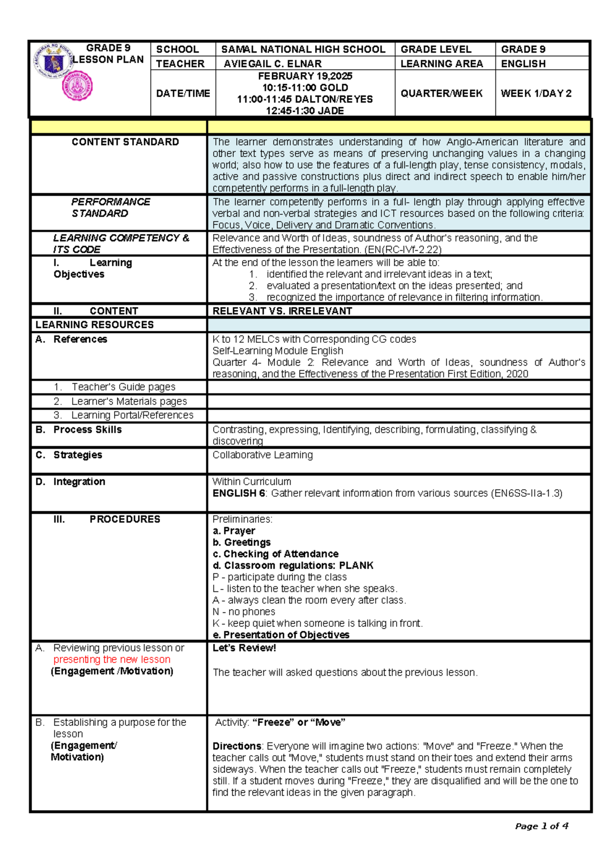 GRADE 9 ENGLISH LESSON PLAN: RELEVANT VS. IRRELEVANT IDEAS - Studocu