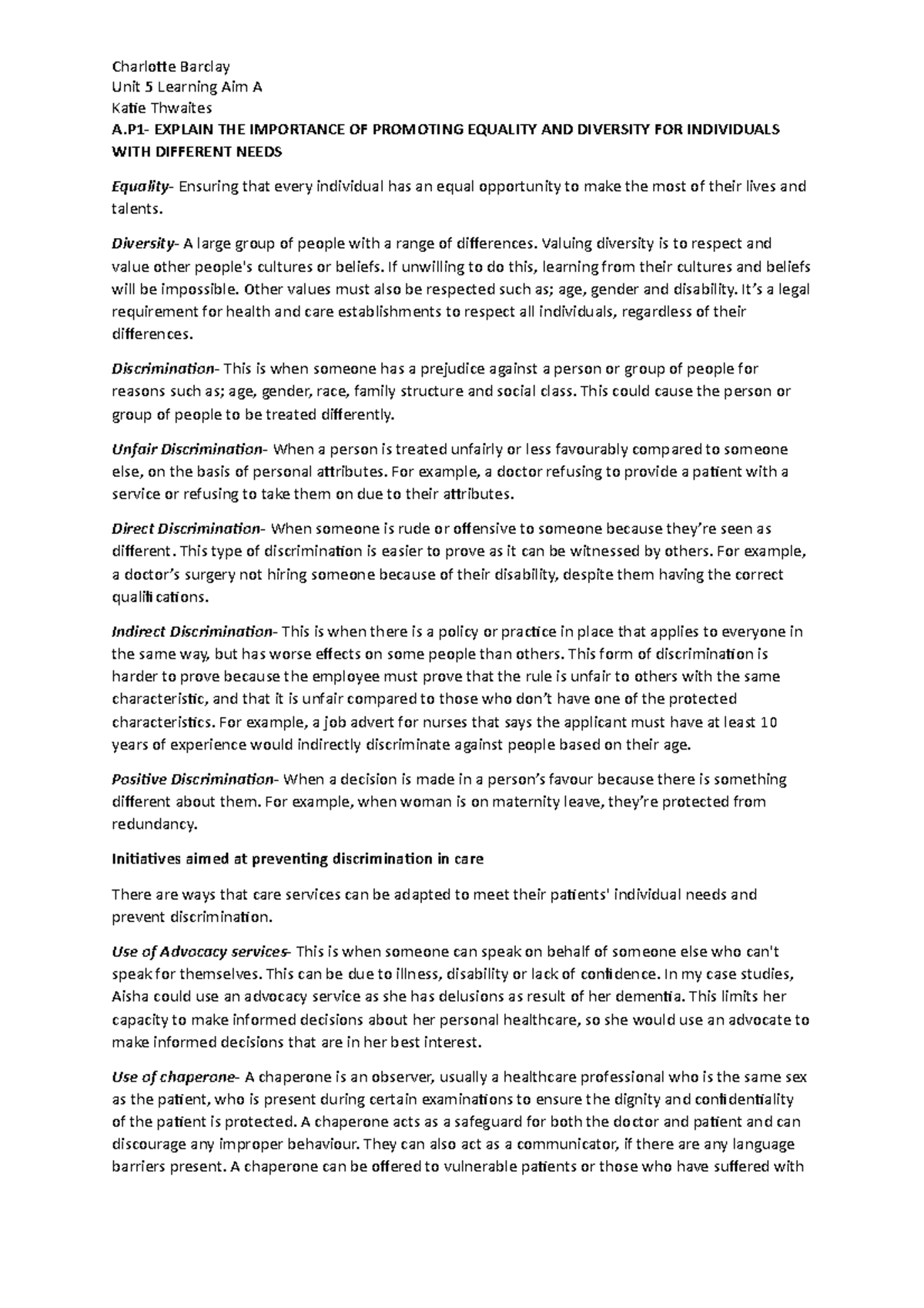 Unit 5 Assignment Learning Aim B - Unit 5 Learning Aim A Katie Thwaites ...