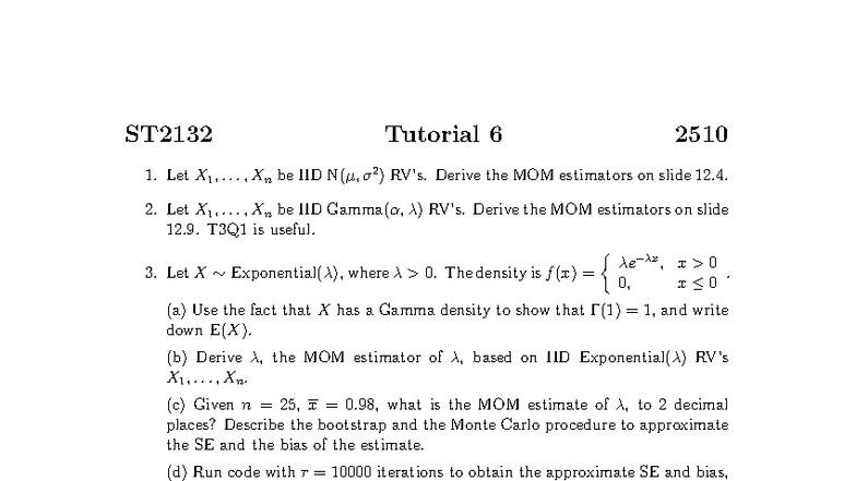 ST2132 Tutorial 6: MOM Estimators for IID Distributions - Studocu