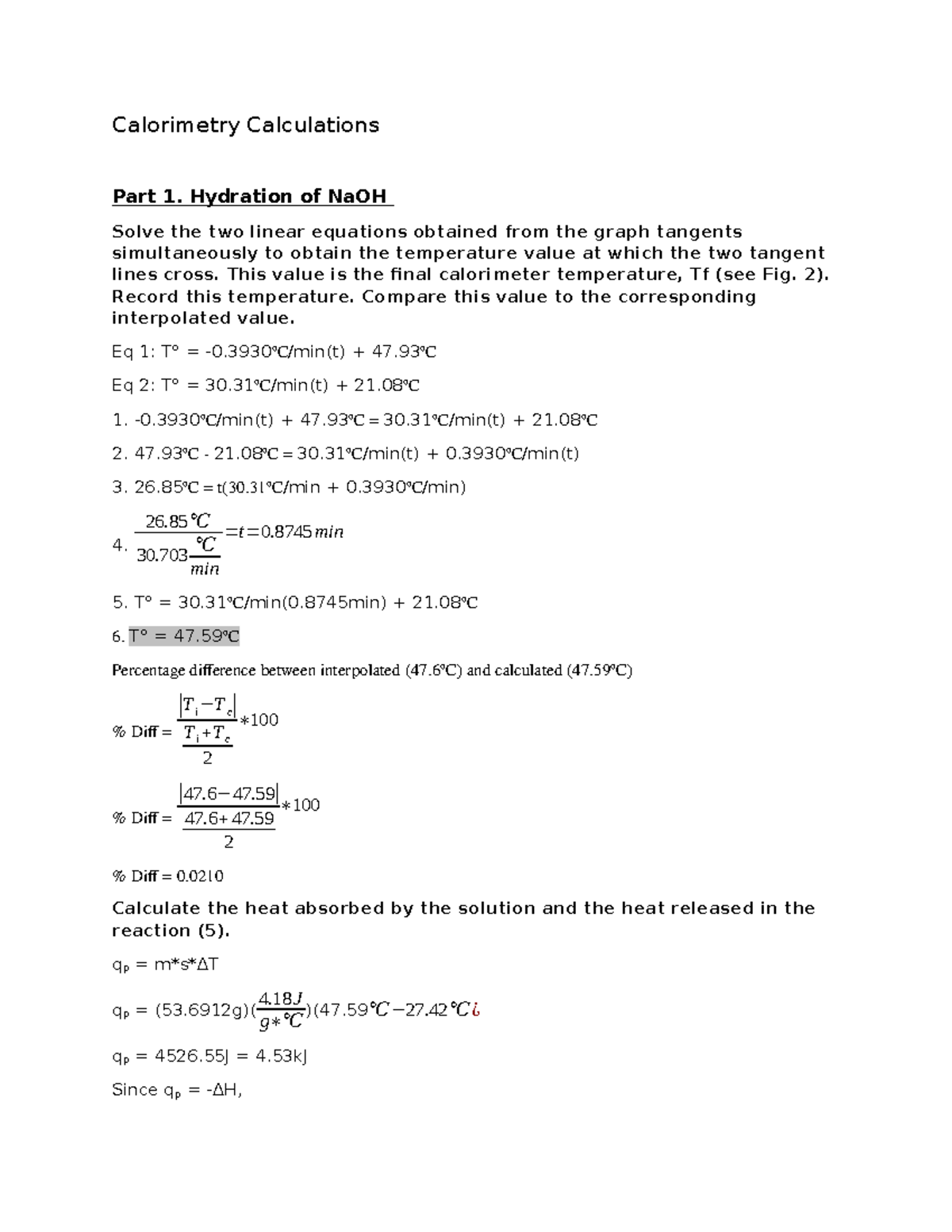 Post Lab Calorimetry: Hydration & Neutralization of NaOH - Studocu