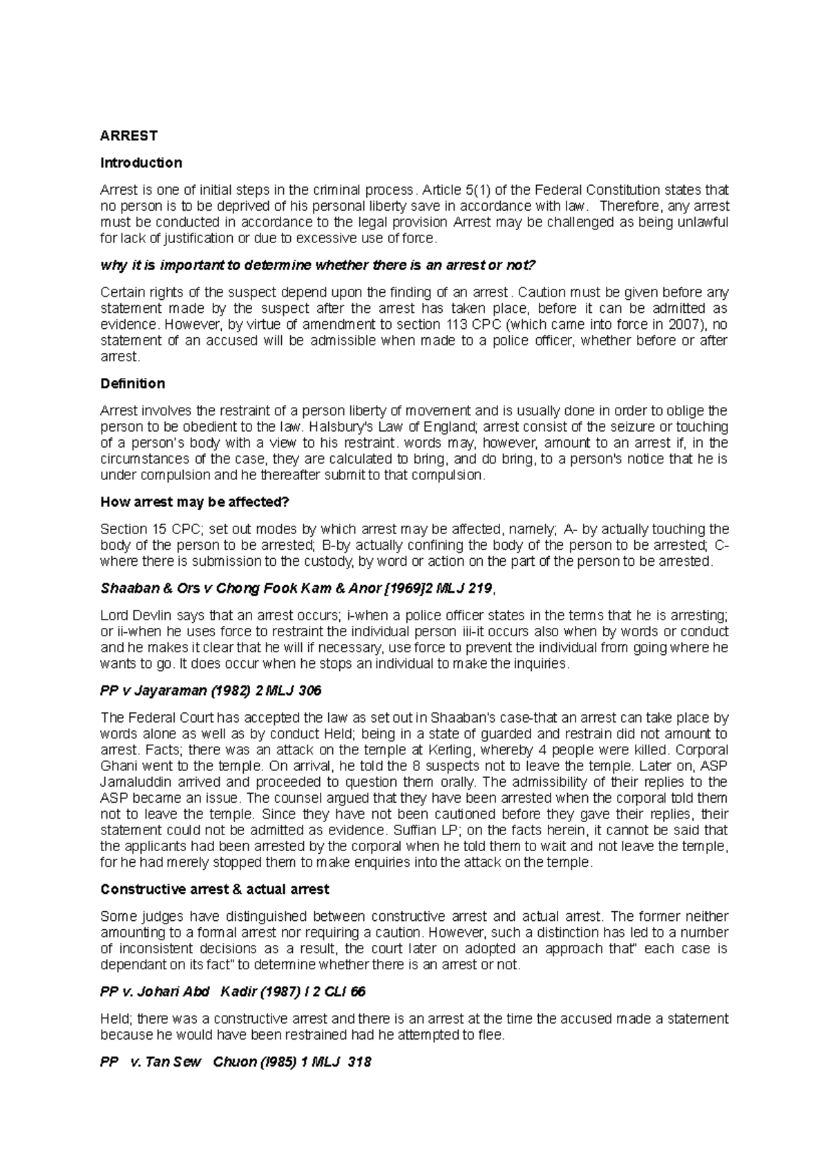 Arrest Notes - Criminal Procedure Code (CPC) Explained - Studocu