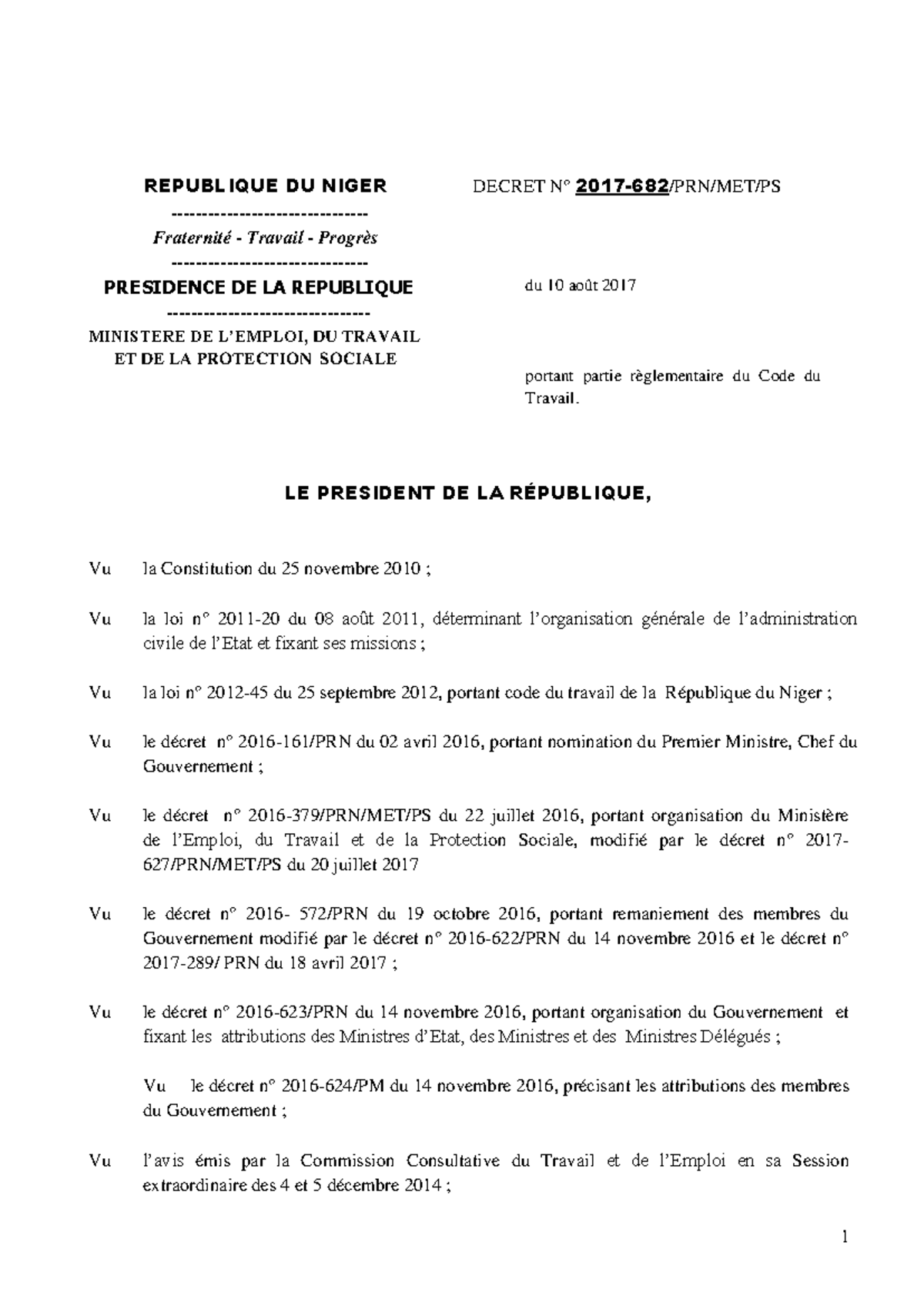 Décret N° 2017-682: Application du Code du Travail au Niger - Studocu