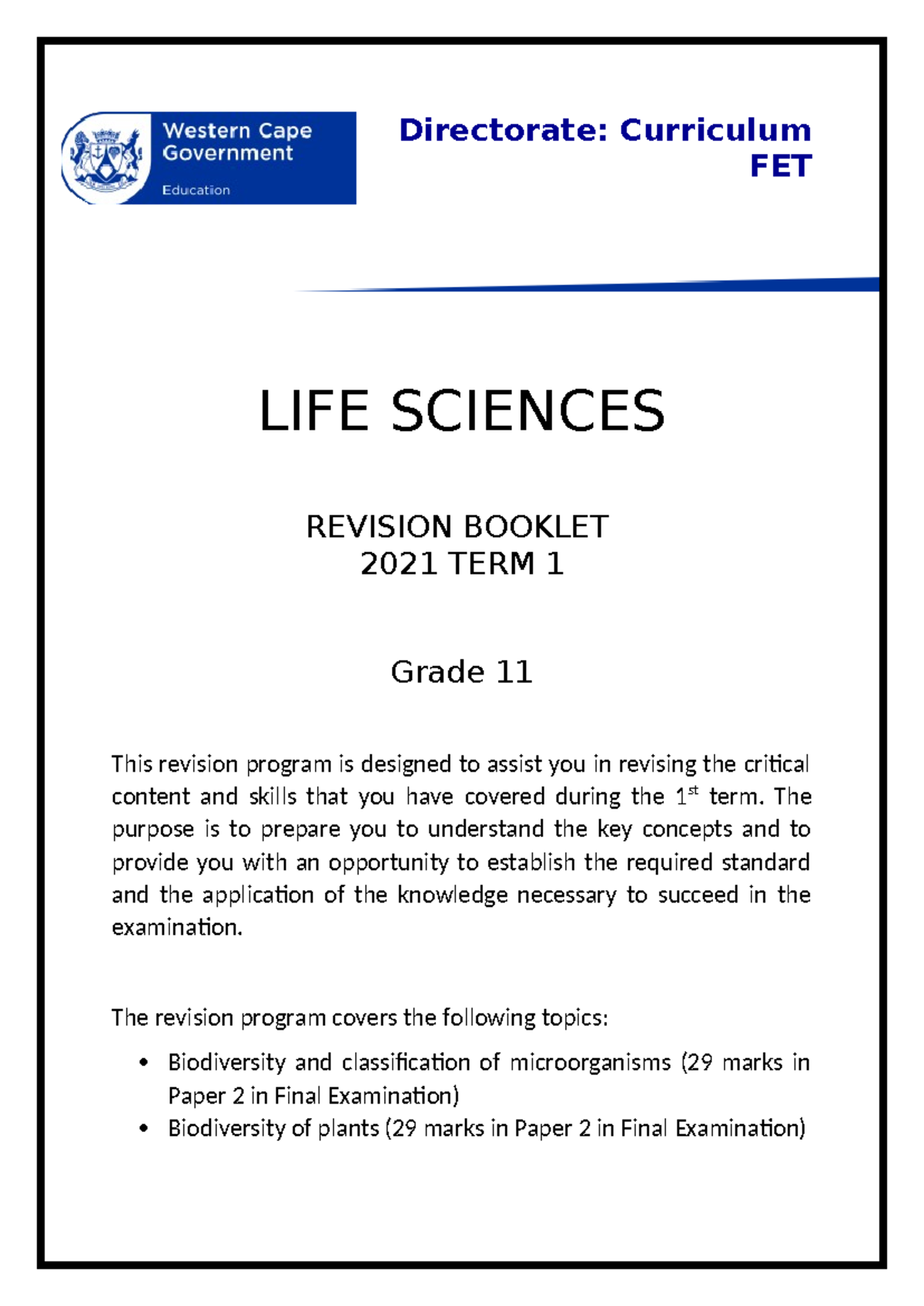 Grade 11 Life Sciences Revision material Term 1 2021 - Directorate ...