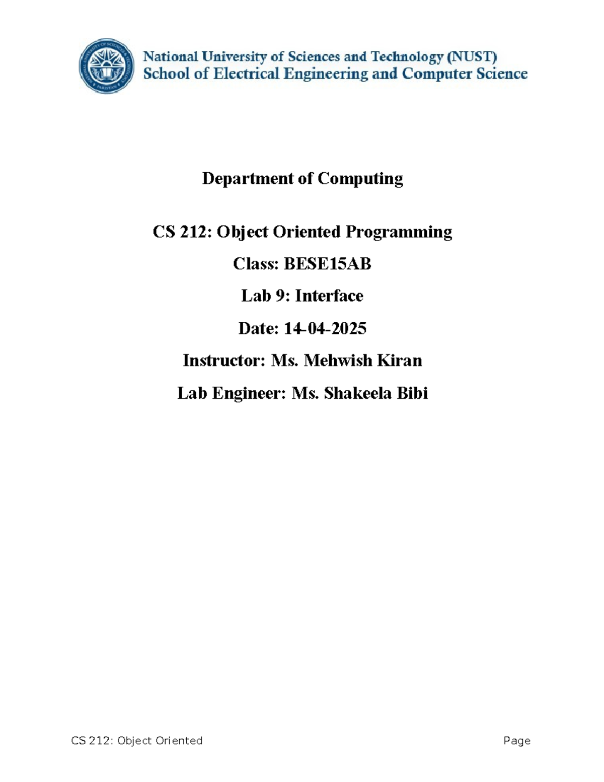CS 212: Object Oriented Programming Lab 9 - Understanding Interfaces in Java - Studocu