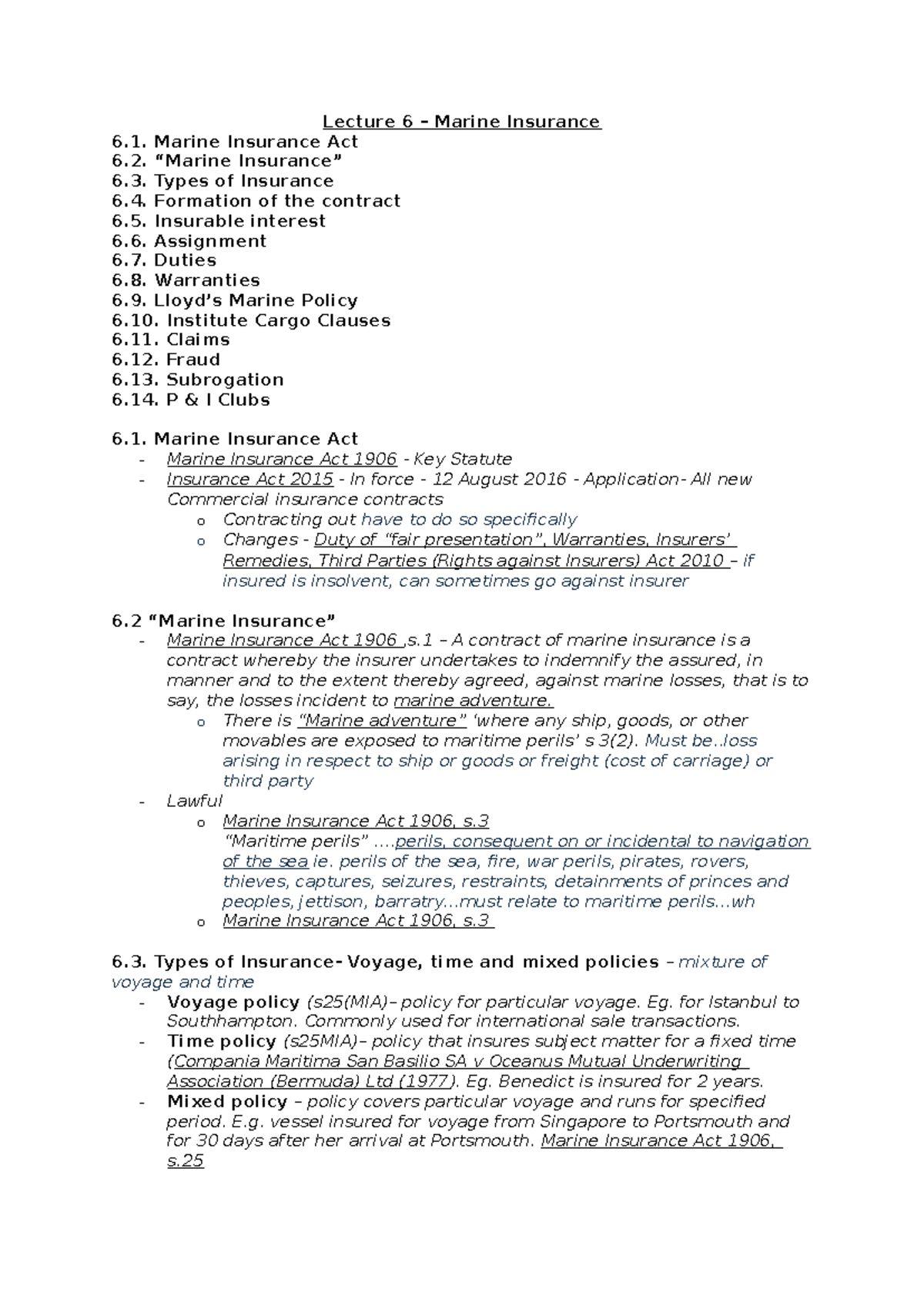 CLIS L6 - lecture notes for marine insurance - Lecture 6 – Marine ...