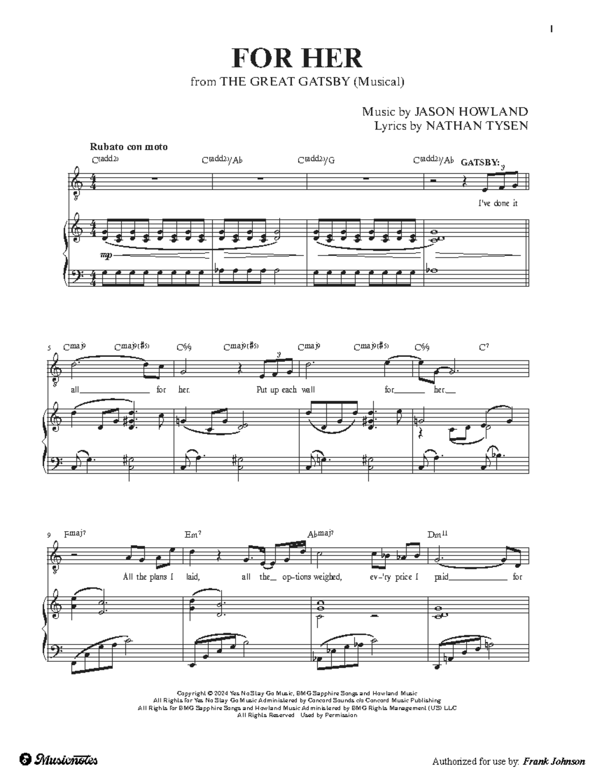 For Her - Sheet Music from THE GREAT GATS (Musical) - Studocu