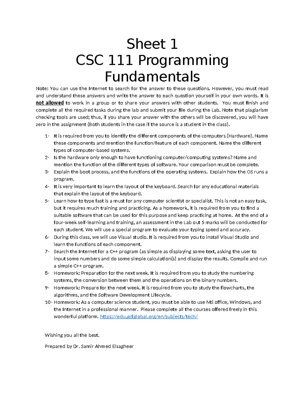 CSC 111 Lab Notes: Computer Fundamentals and Programming Tasks - Studocu