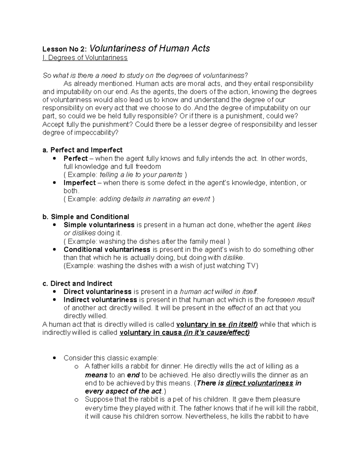 Ethics Lecture Notes 2: Voluntariness of Human Acts (PHILO031) - Studocu