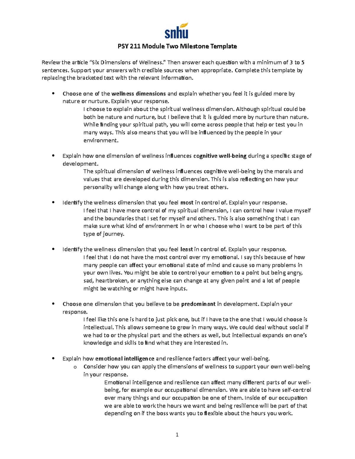 PSY 211 Module Two Milestone: Dimensions of Wellness Explained - Studocu