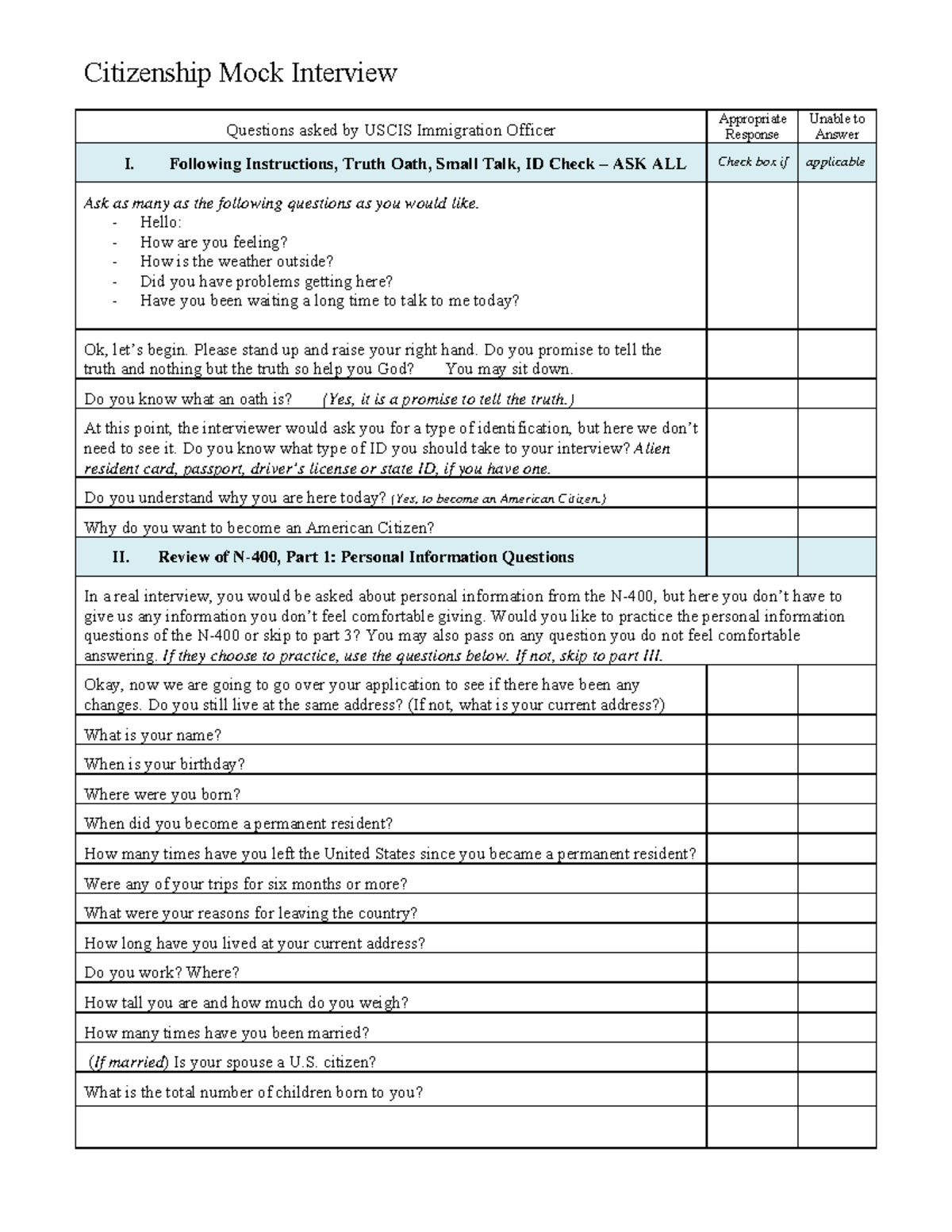 USCIS Citizenship Mock Interview Questions and Practice Guide - Studocu