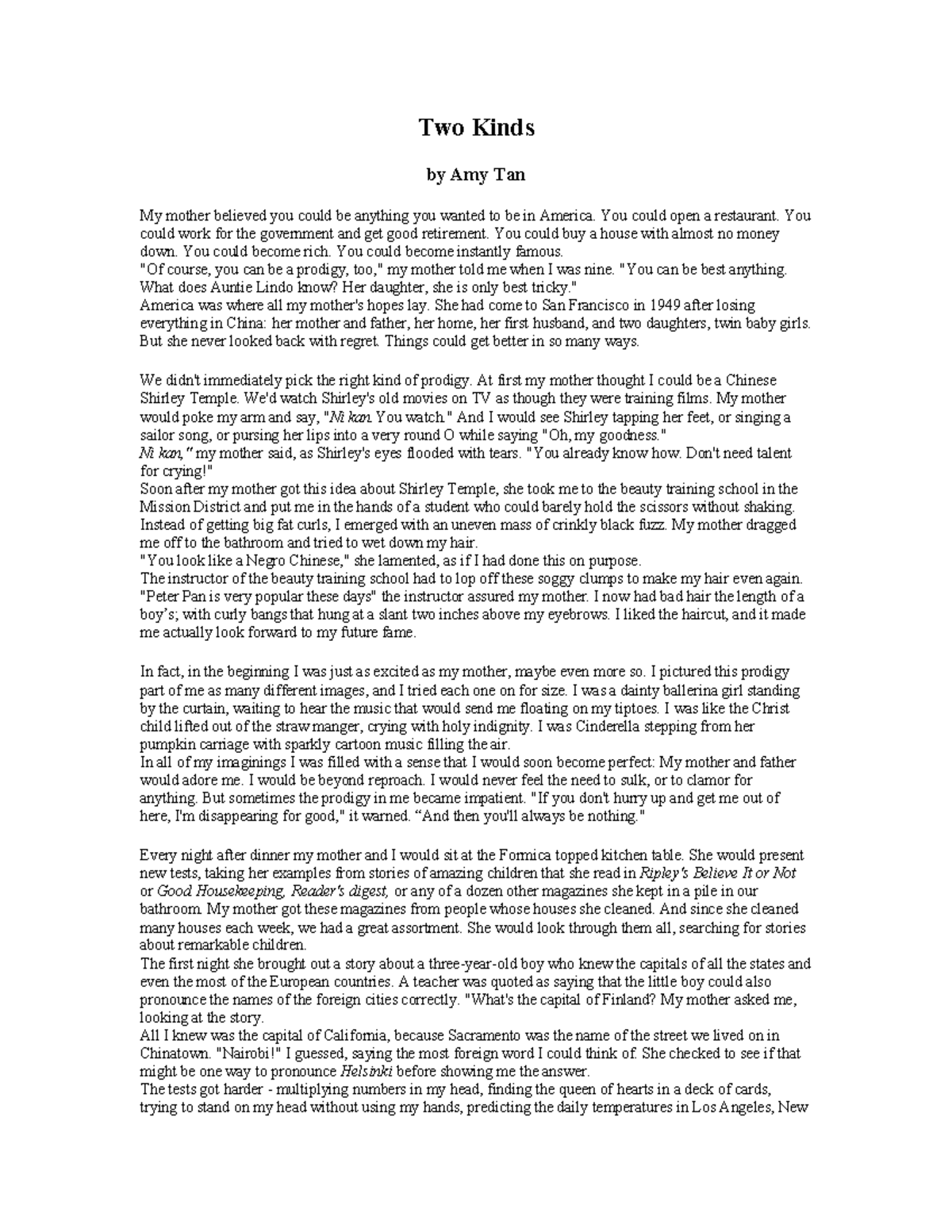 Amy Tan - Two Kinds Short Story Analysis for Essay - Studocu