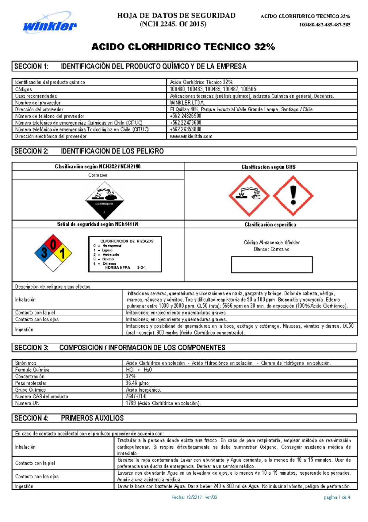 Hoja de Datos de Seguridad (NCH 2245) - Ácido Clorhídrico Técnico - Studocu