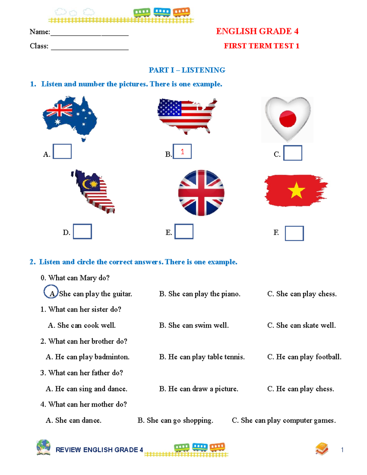 ENGLISH GRADE 4: FINAL TEST 1 - Listening & Reading Activities - Studocu