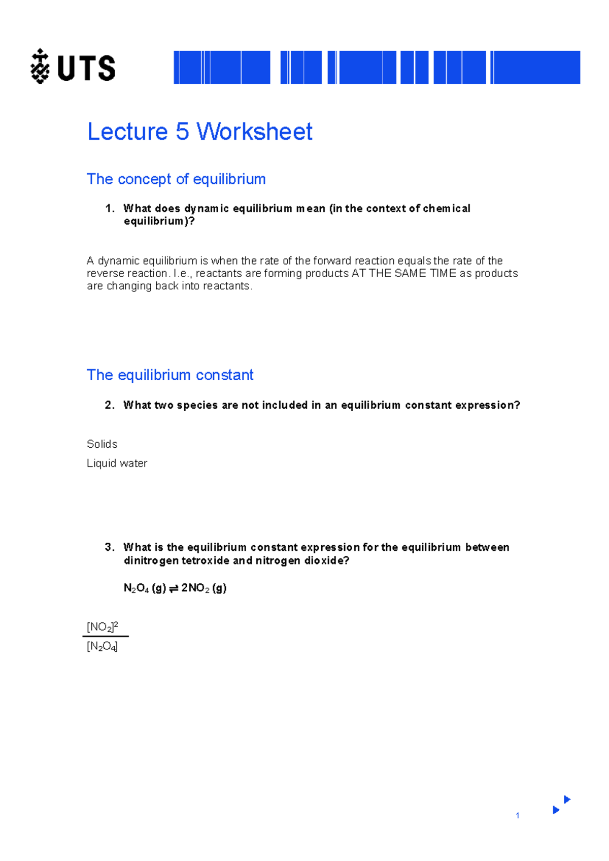 Lecture 5 Worksheet Answers: Understanding Chemical Equilibrium - Studocu