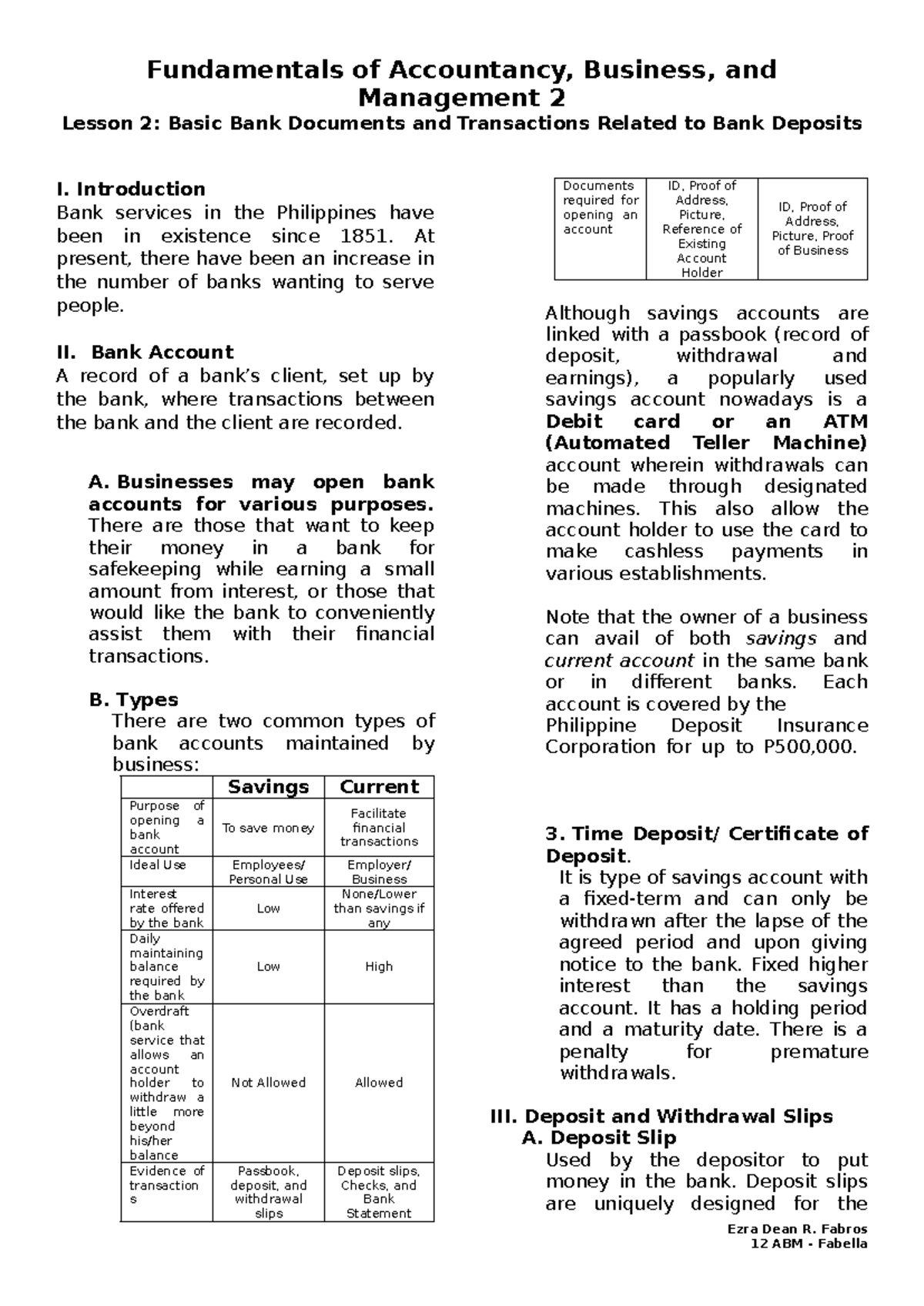 ABM 2 - Lesson 2: Key Bank Documents & Transactions for Deposits - Studocu