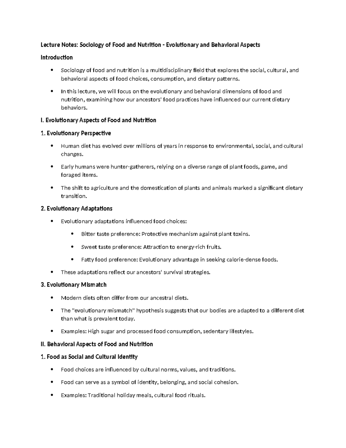 Lecture Notes: SOC 101 - Evolutionary & Behavioral Aspects of Food ...