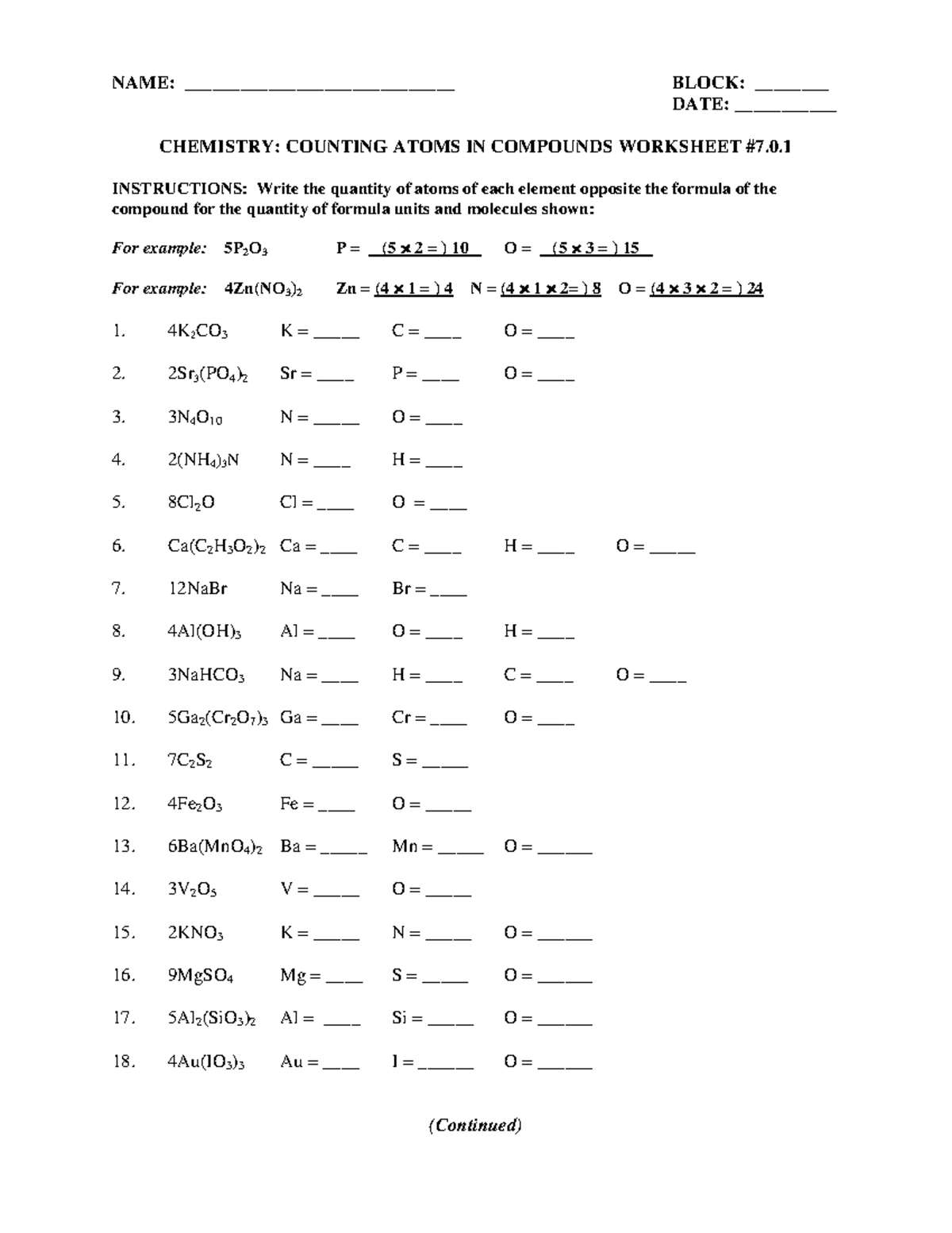 CHEM 101: Counting Atoms in Compounds Worksheet - Studocu