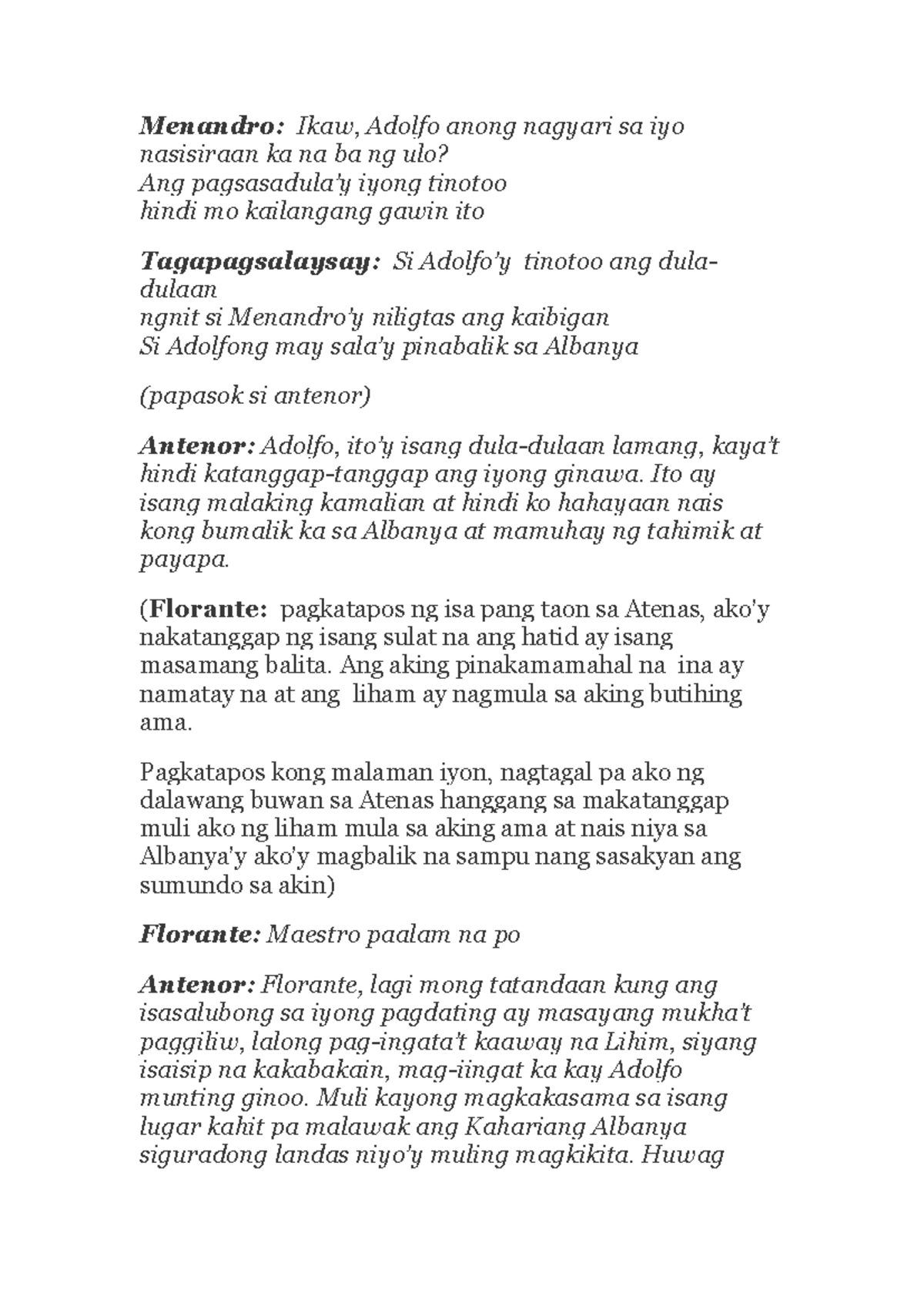 Filipino Script: Dula-dulaan ng Florante at Laura - Studocu