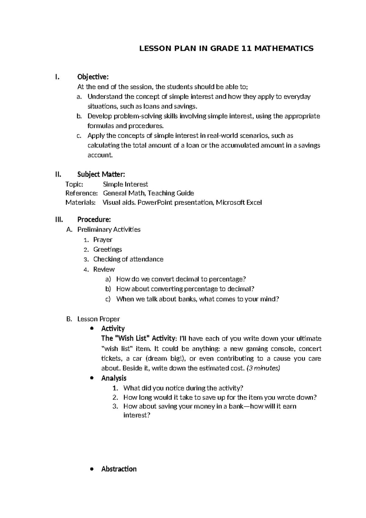 Grade 11 Mathematics Lesson Plan: Understanding Simple Interest - Studocu