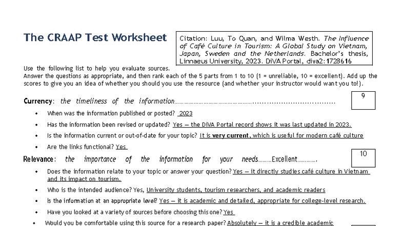 CRAAP Test Worksheet for Evaluating Sources in Tourism Studies - Studocu