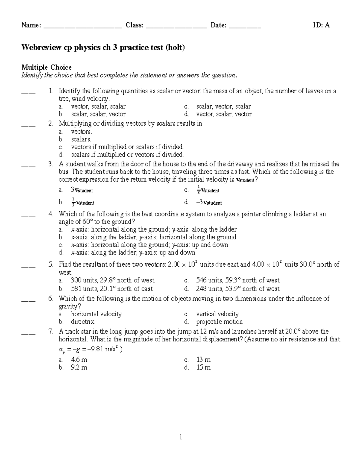 Webreview CP Physics Ch 3 Practice Test – Holt Exam Preparation - Studocu