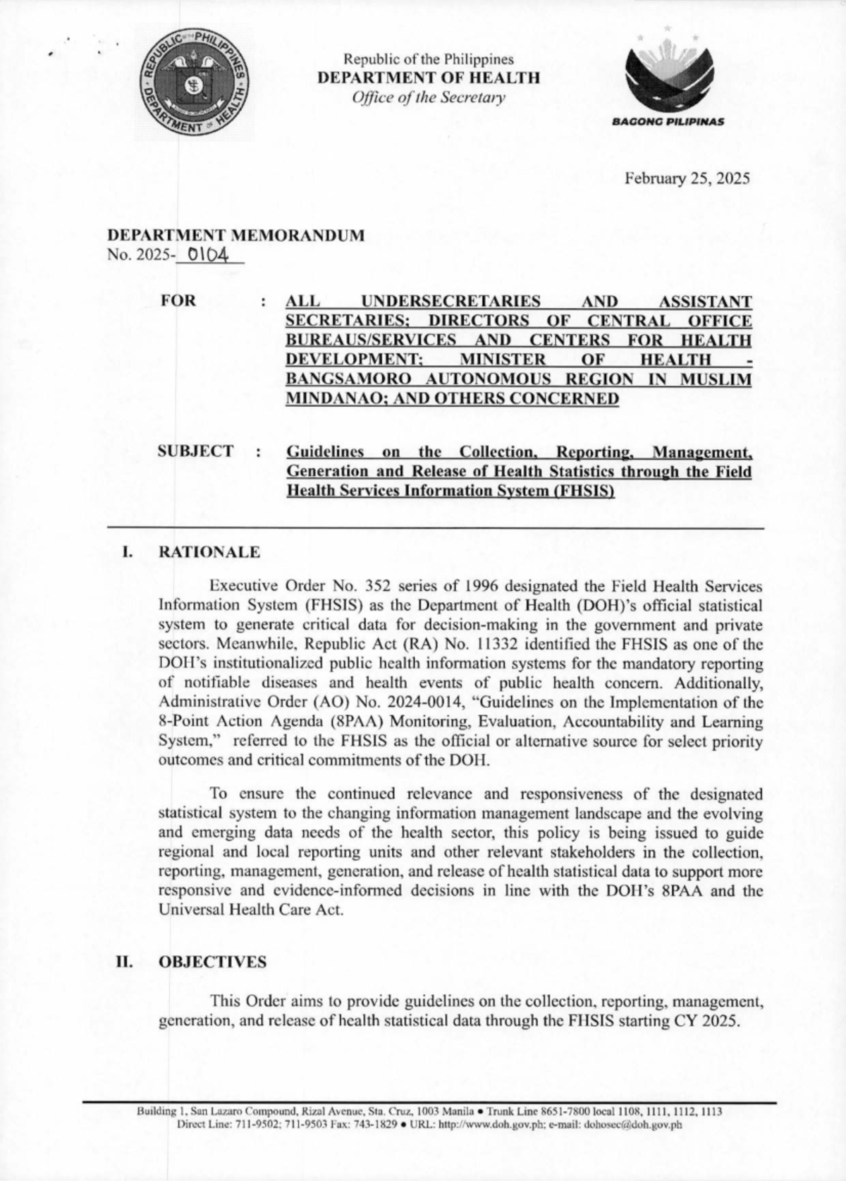 Health Statistics Guidelines for FHSIS - DM No. 2025-0104 - Studocu