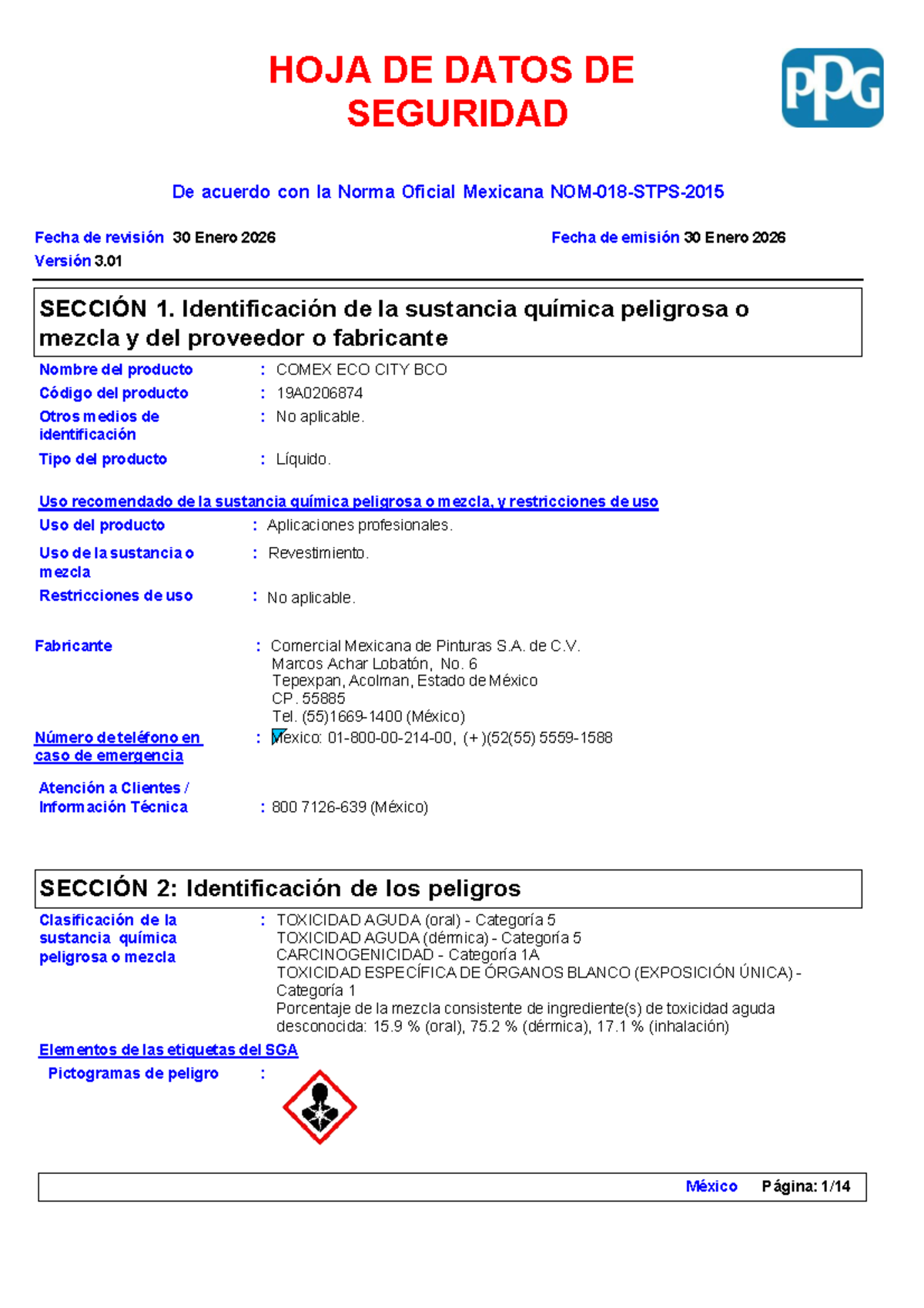 Hoja de Datos de Seguridad (HDS) - COMEX ECO CITY BCO 19A0206874 - Studocu