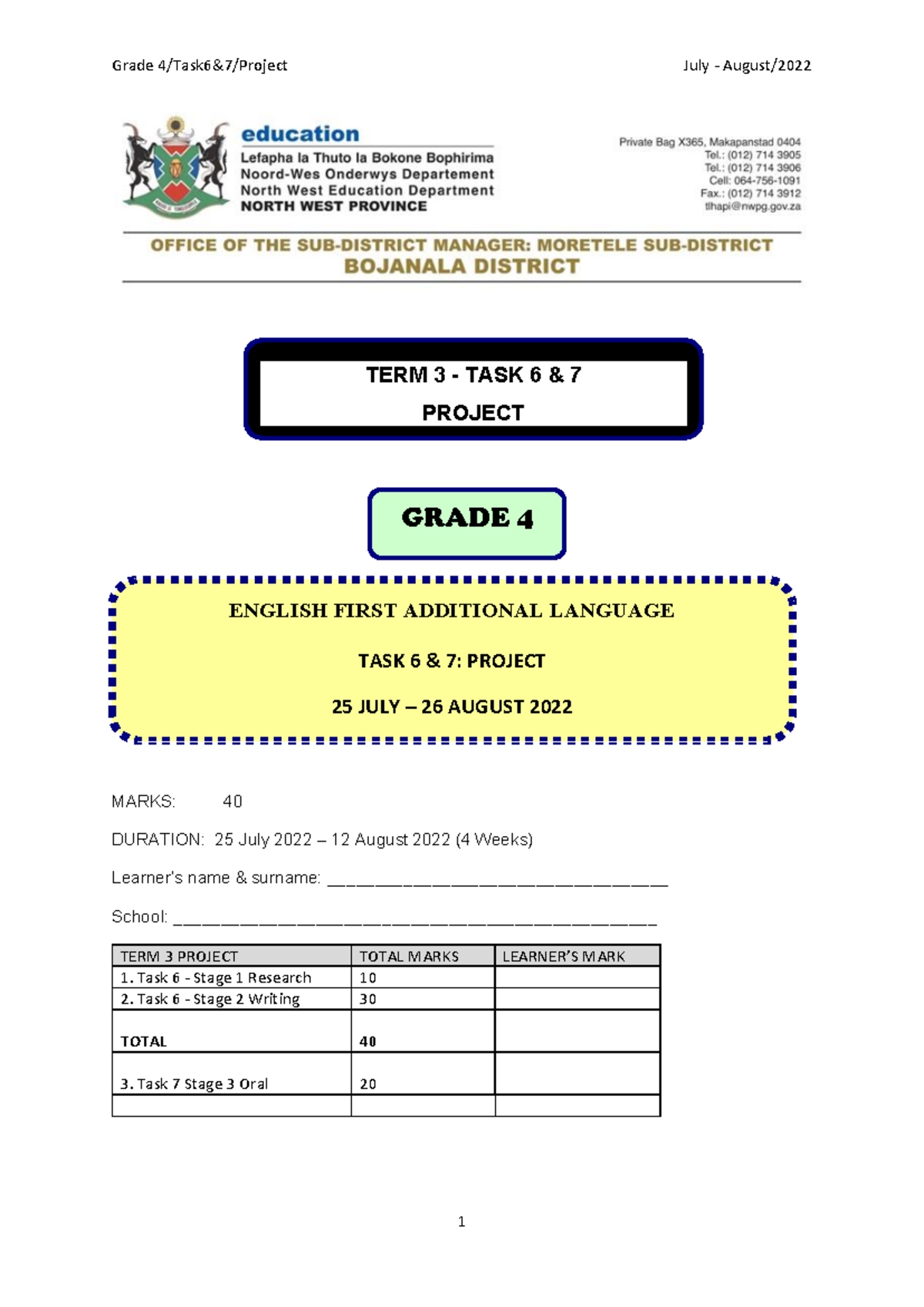 2022 Grade 4 EFAL Term 3 Project: Tasks 6 & 7 Overview - Studocu