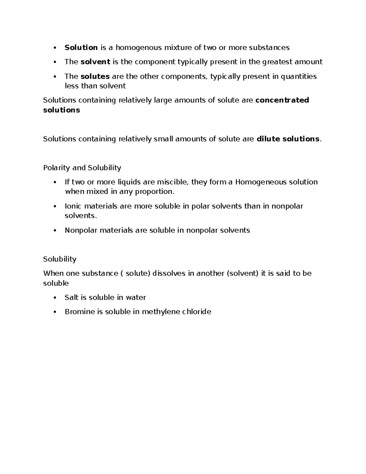 Chemistry Notes: Solutions, Solubility, and Polarity Concepts - Studocu