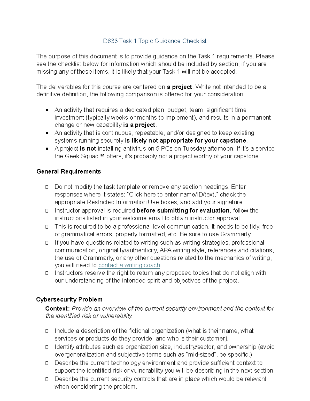 D833 Task 1 Guidance Checklist for Cybersecurity Project - Studocu