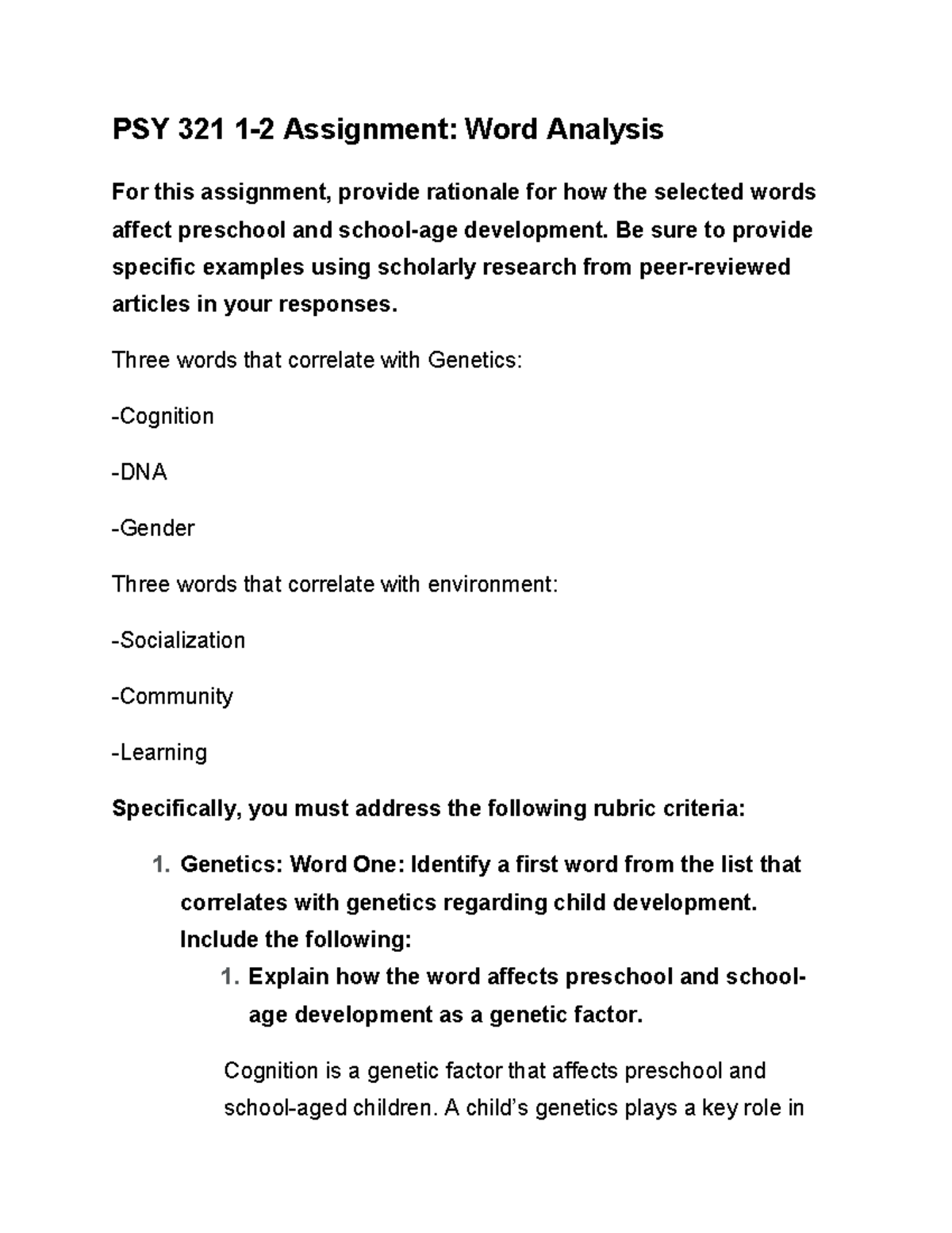 PSY 321 Analysis of Genetic and Environmental Factors in Child Dev ...
