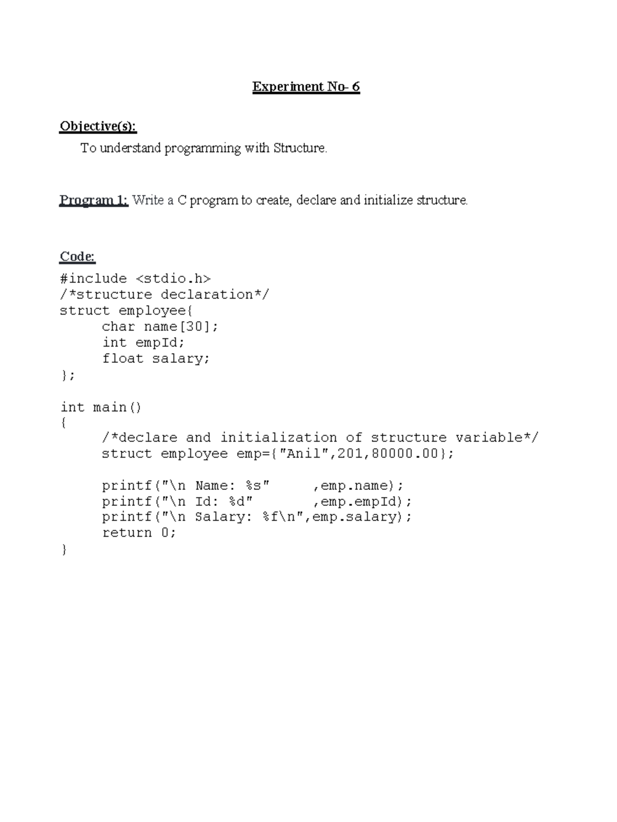 C Programming Lab structure - Experiment No- 6 Objective(s): To ...