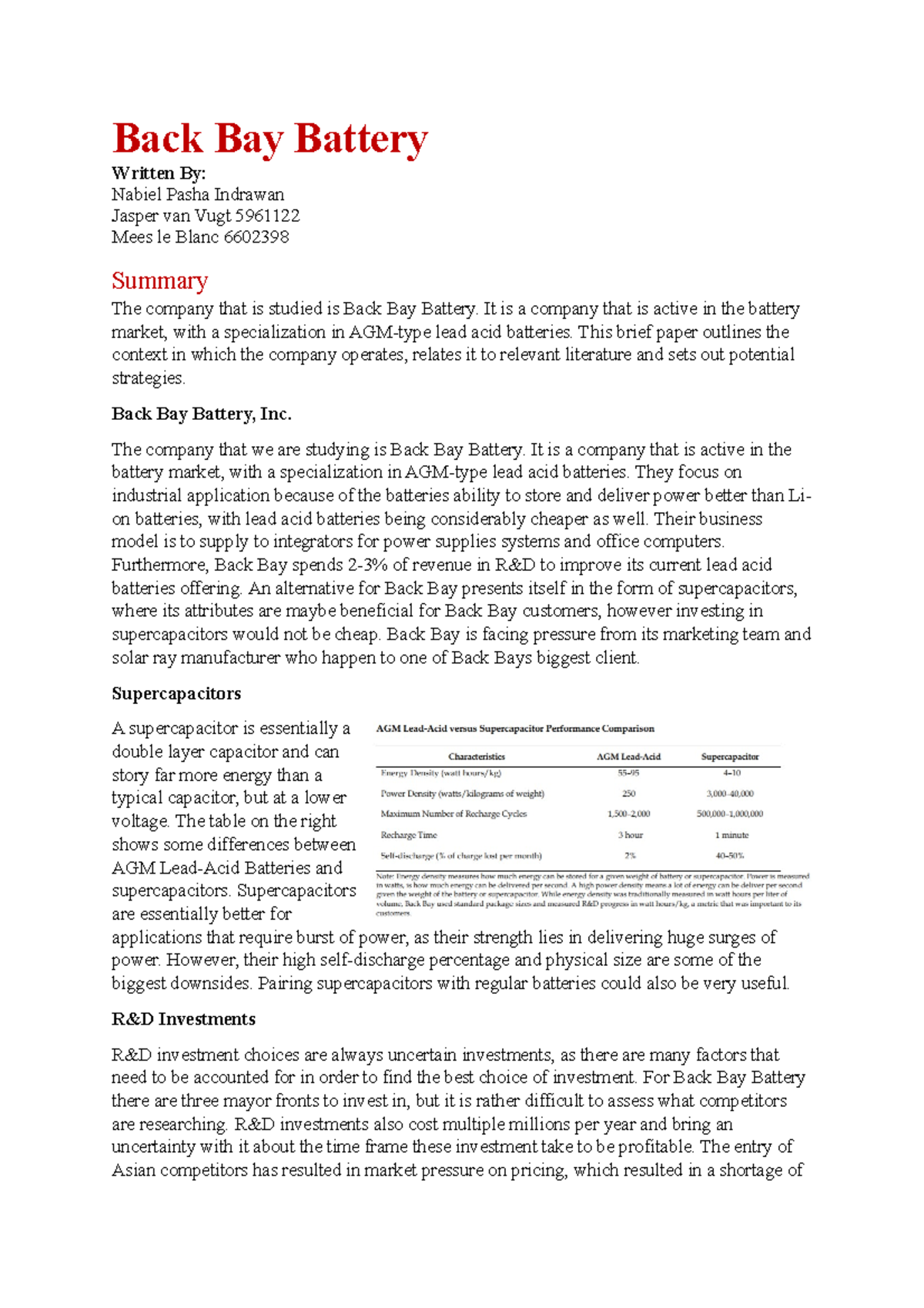 Back Bay Battery Assignment 1: Analysis and R&D Strategies - Studeersnel