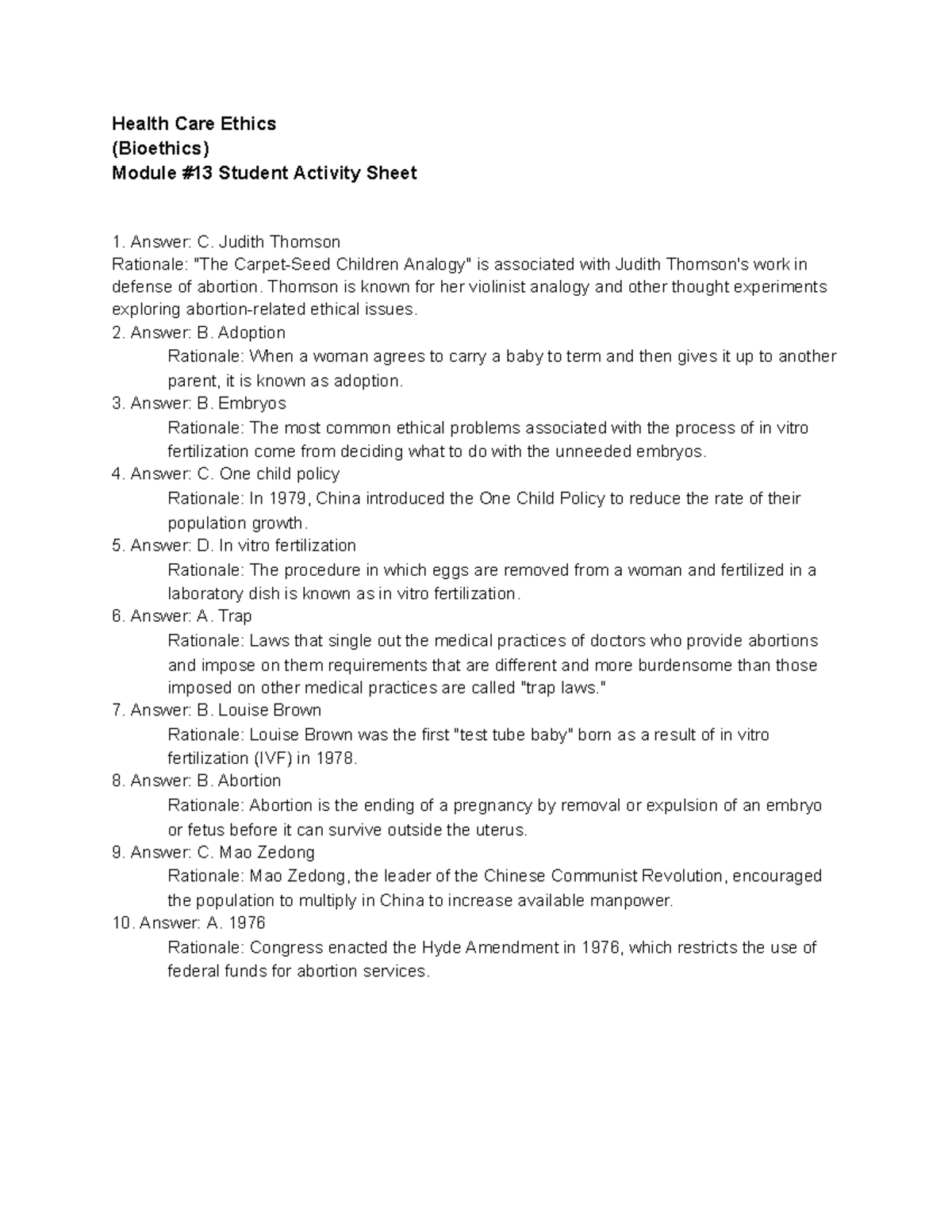 SAS 13 - BIOETHICS ANSWER KEY: Health Care Ethics Summary - Studocu