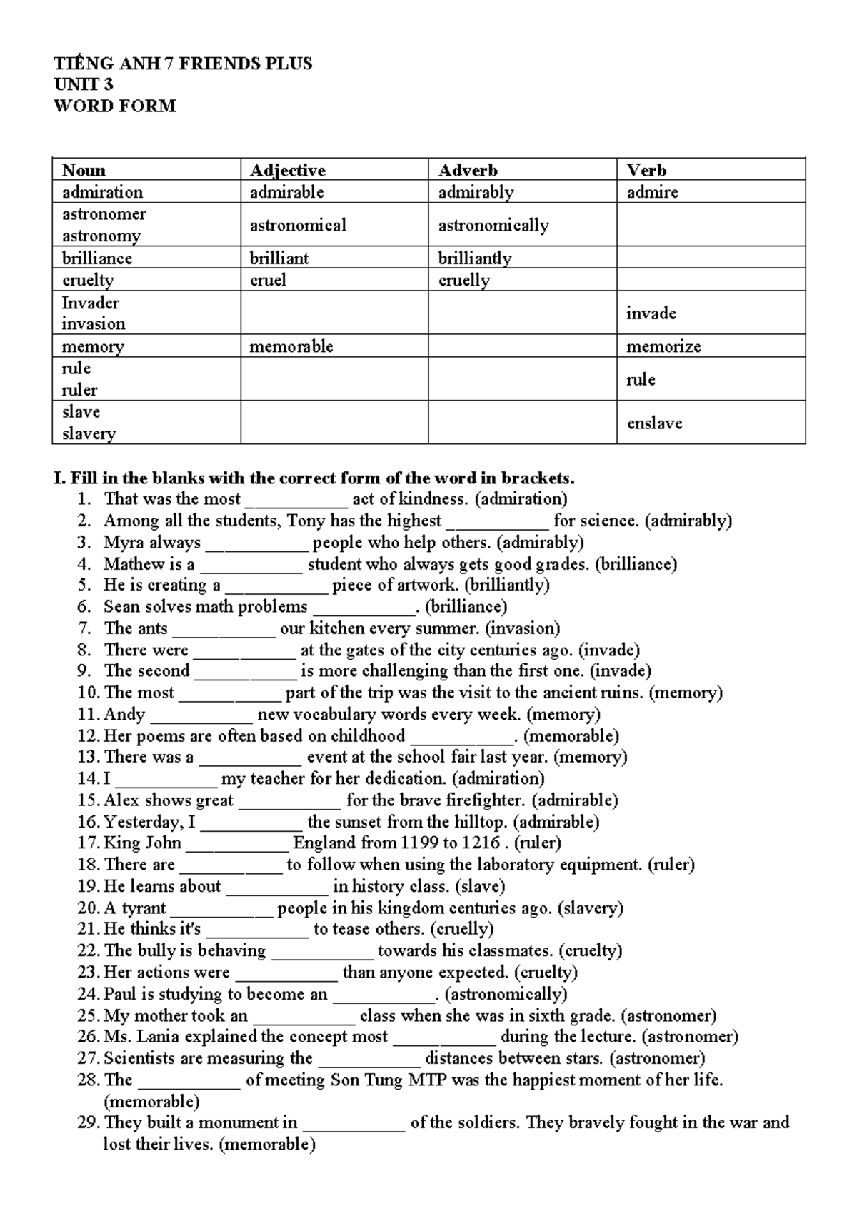 TIẾNG ANH 7 FRIENDS PLUS UNIT 3 WORD FORM EXERCISES - Studocu