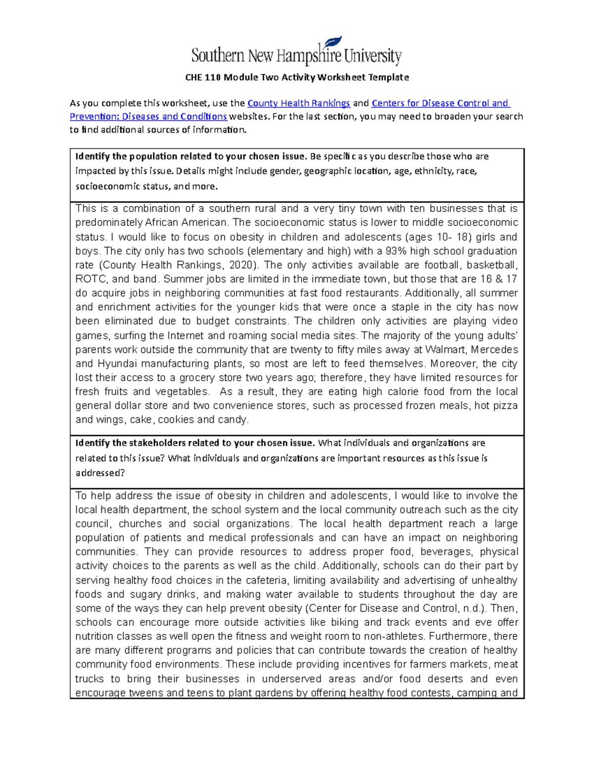 CHE 110 Module Two Mental Health Needs Worksheet for LA County - Studocu
