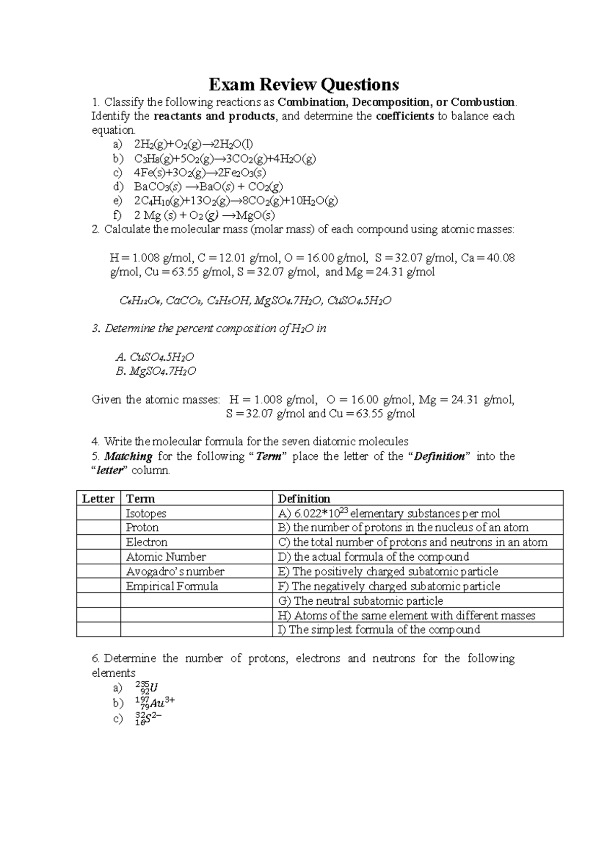 Chemistry Exam Review Questions - Concepts and Calculations - Exam ...