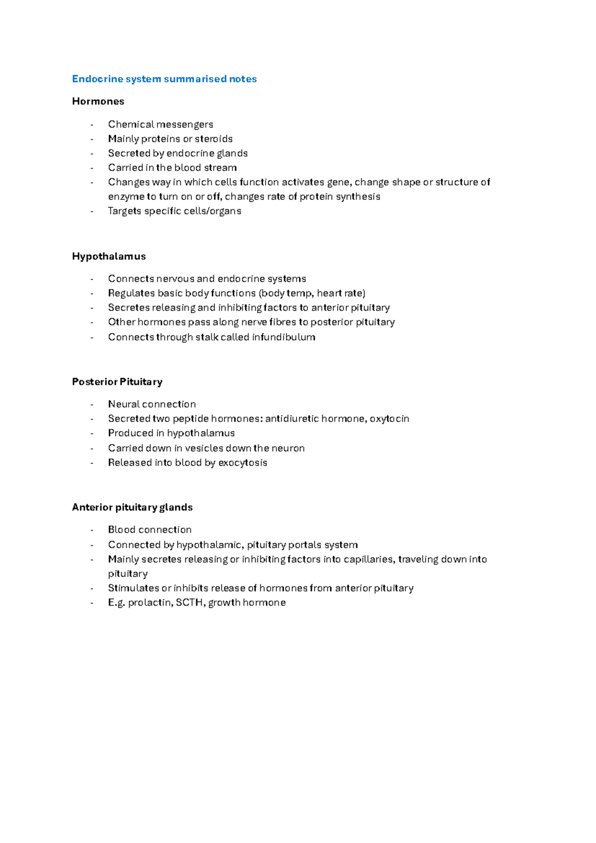 Endocrine System Summary Notes - Studocu