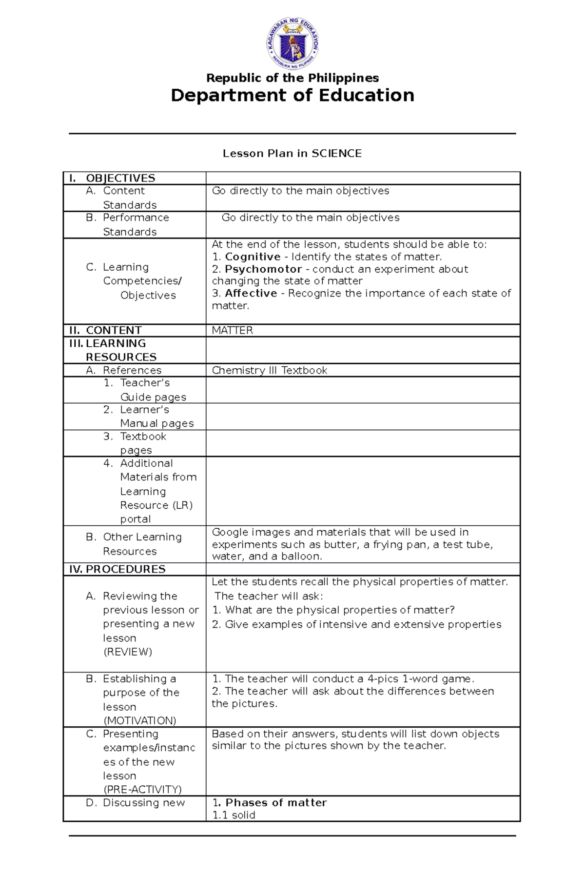 Lesson Plan: Understanding States of Matter in Science (EDUC 4) - Studocu